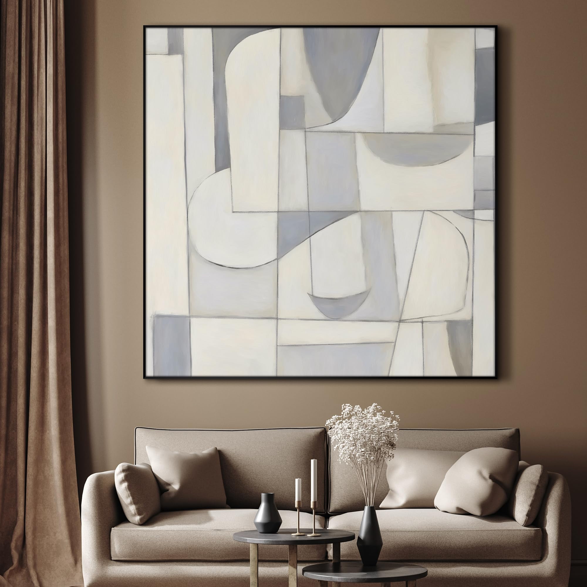 46"x46" Extra Large Framed Wall Art Soft Gray and White Cubist Abstract ...