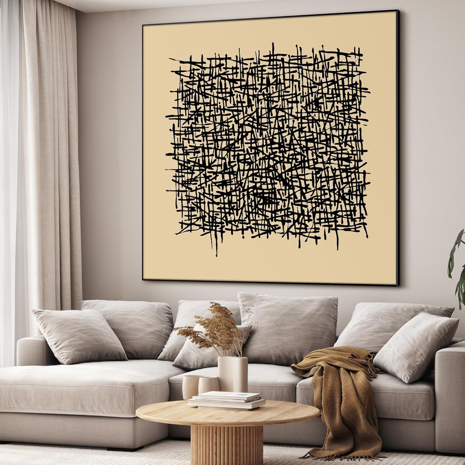 46"x46" XL Framed Wall Art - Abstract Line Dense Crosshatch Pattern ...