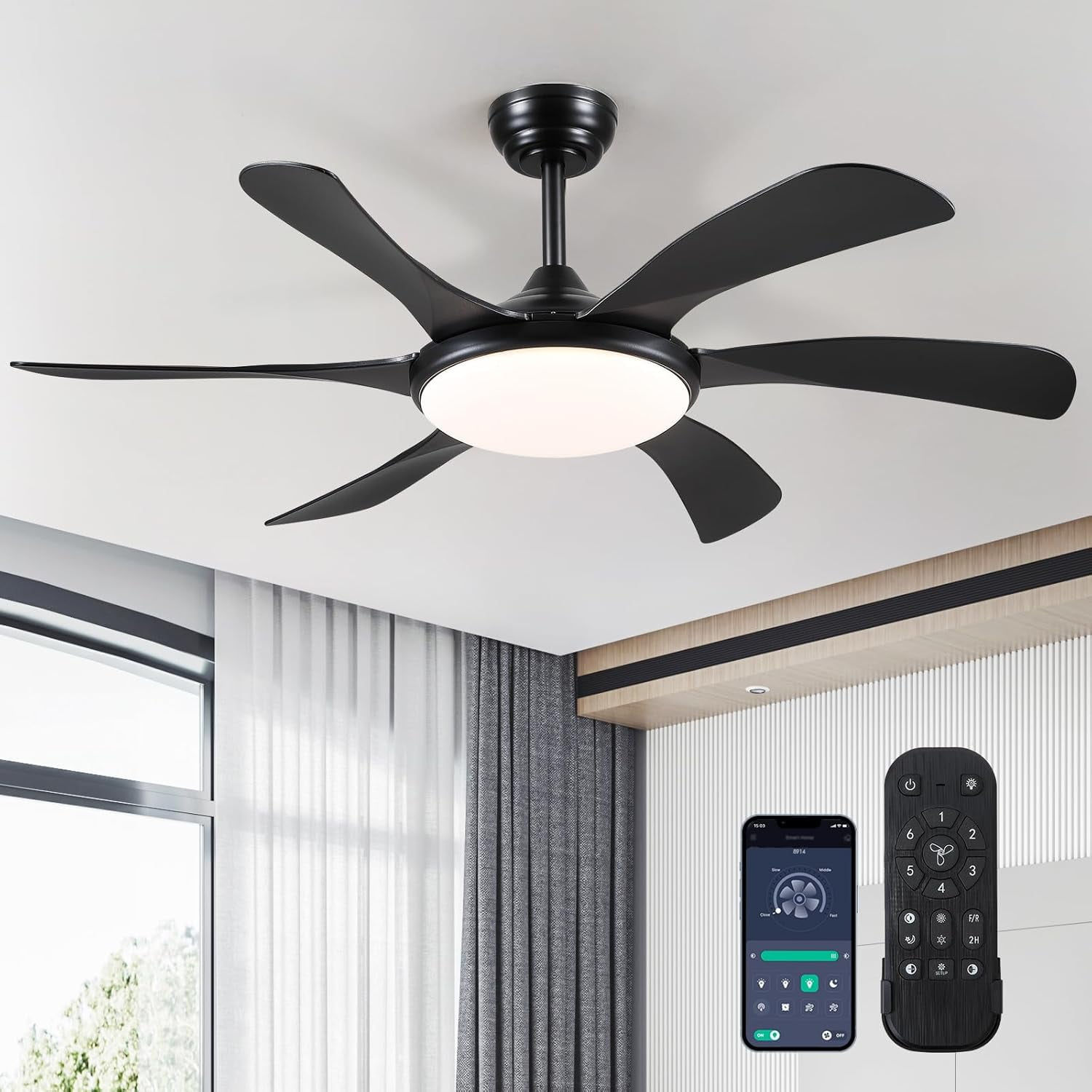 46In Black Ceiling Fans with Lights - Low Profile Modern Ceiling Fan ...