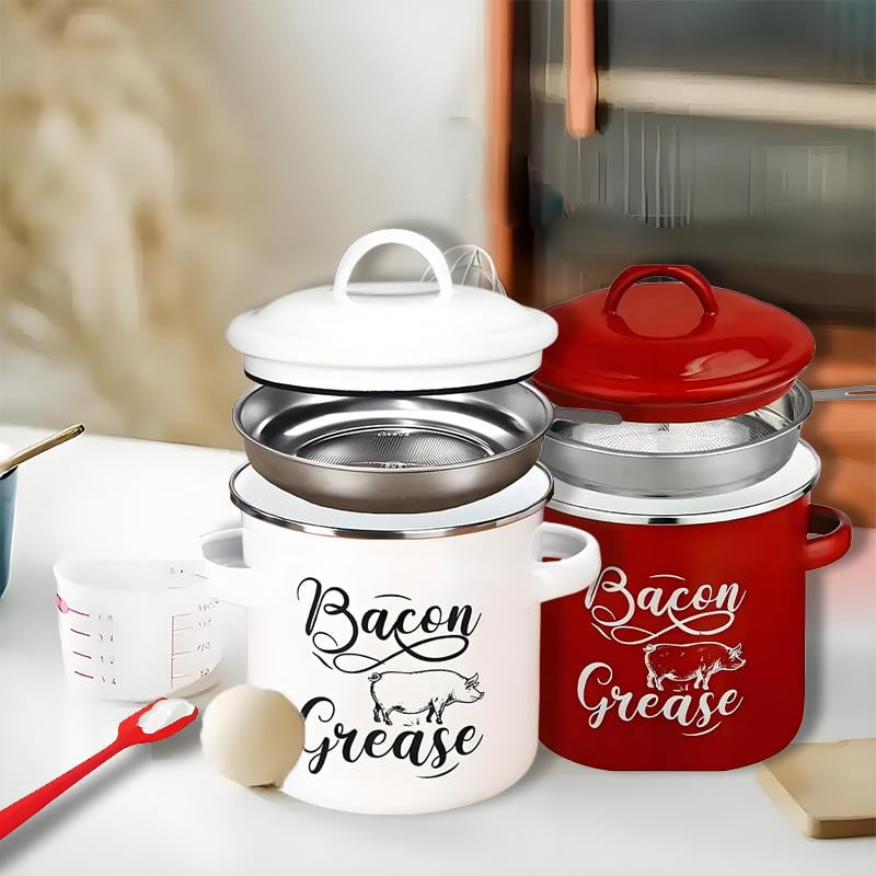 46OZ Enamel Bacon Grease Container with Strainer & Spatula, Dual ...