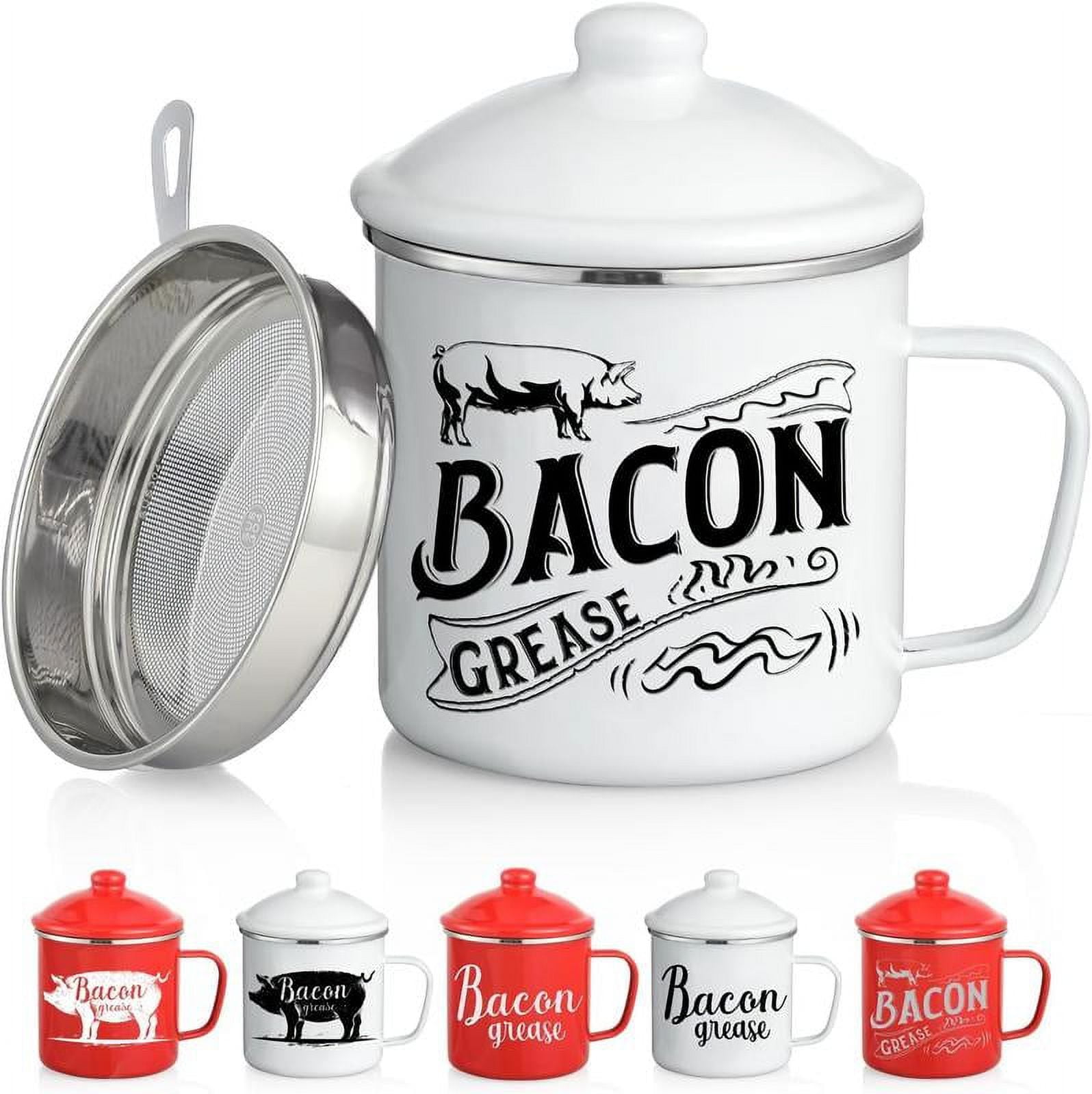 46OZ LARGE Bacon Grease Saver with Fine Mesh Strainer & Handle - Enamel ...