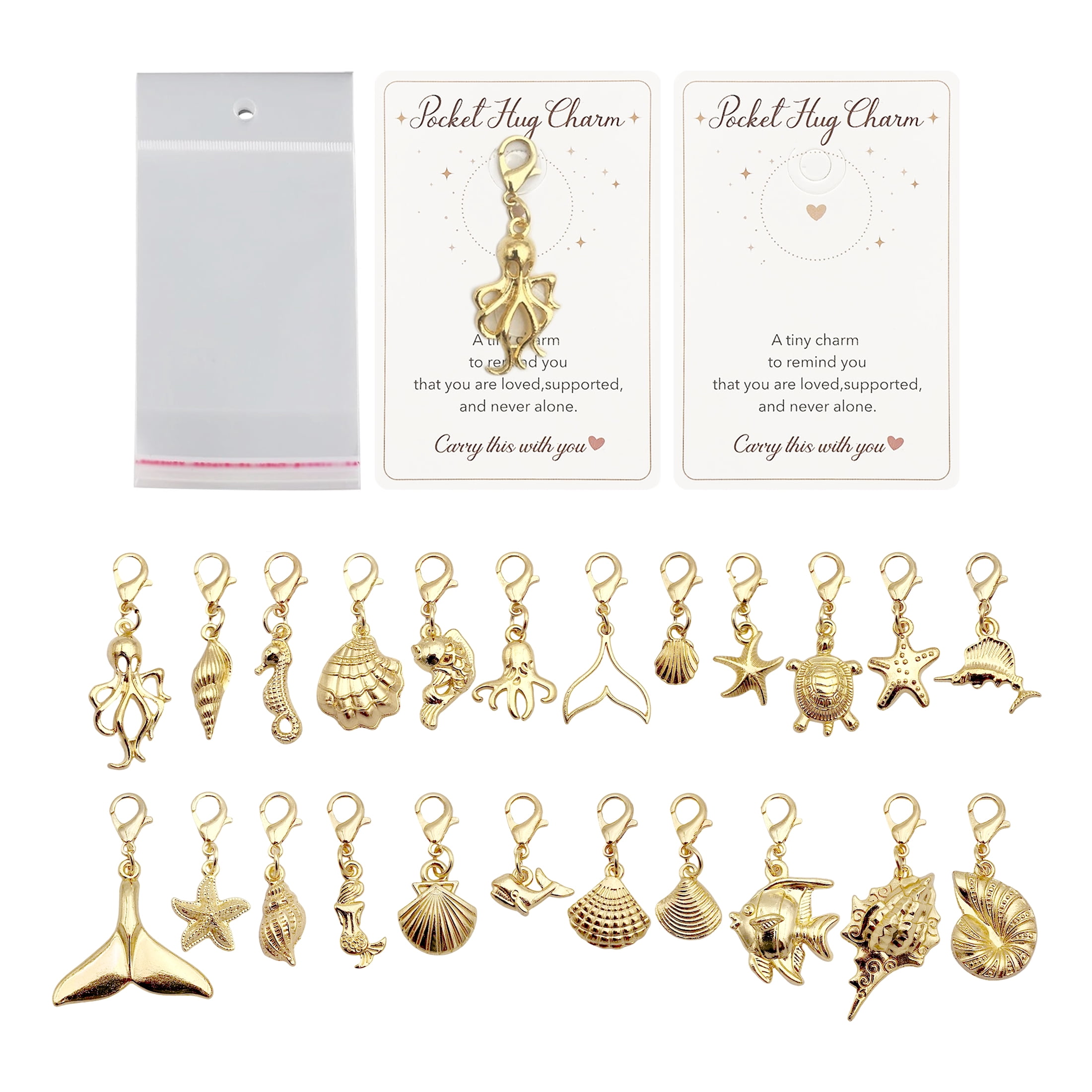 46PC Pocket Hug Charm Gift Set, Gold Ocean Animal Mini Charms with ...