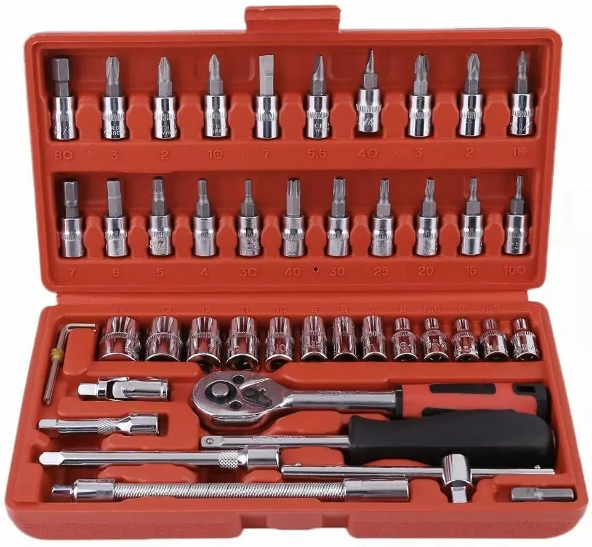 46PCS Socket Spanner Tool Kit Ratchet Wrench Set METRIC/SAE 1/4" Drive ...