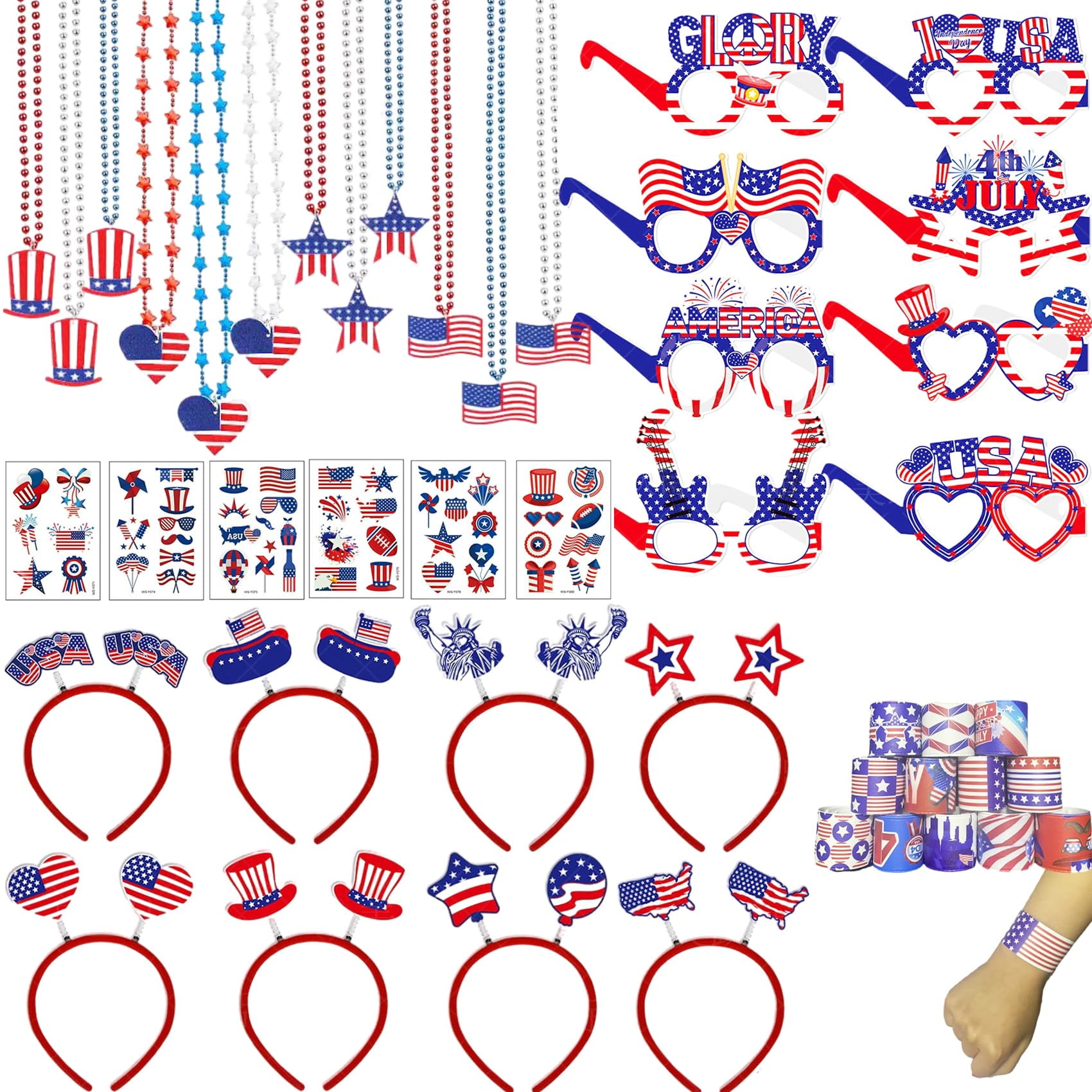 46Pcs 4th of July Party Favors Set, Patriotic Boppers Glasses Necklaces ...