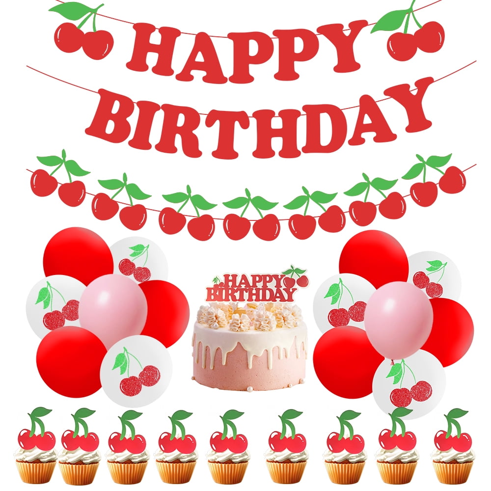 46Pcs Cherry Theme Birthday Party Decorations Set for Girls Red Glitter ...