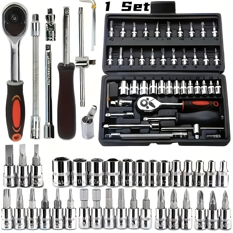 46Pcs Home Repair Set, 1/4 Inch Drive Socket Ratchet Wrench Set, Metric ...