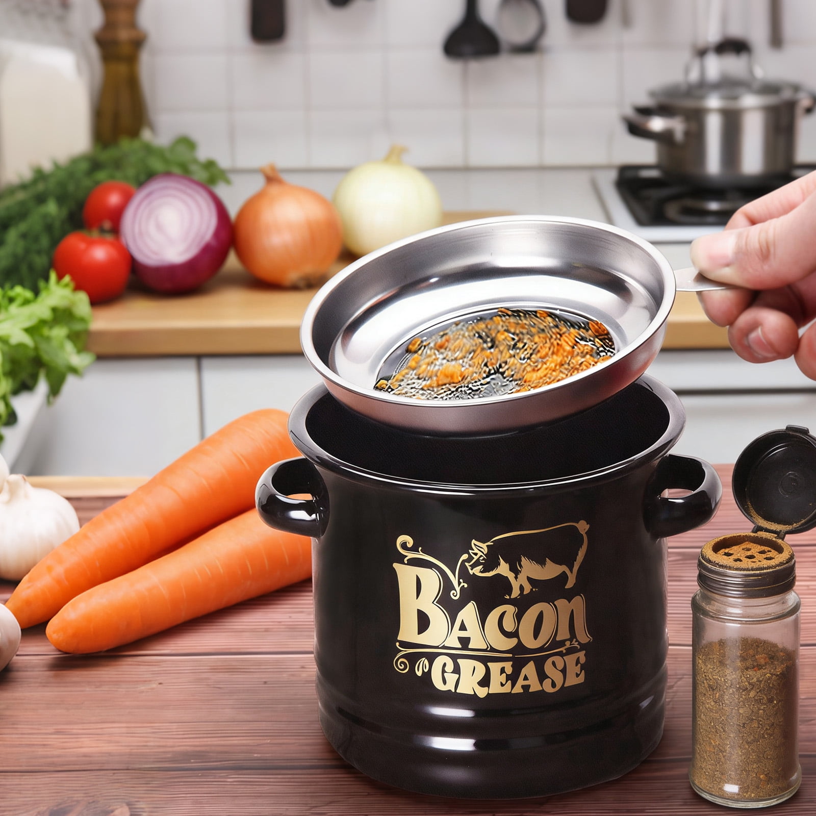 46oz Bacon Grease Container With Strainer-With Silicone Spatula，Large ...