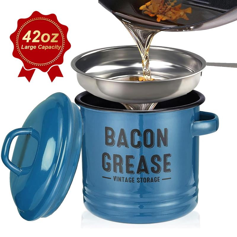 46oz Bacon Grease Container with Strainer- Large Enamel Grease Saver ...