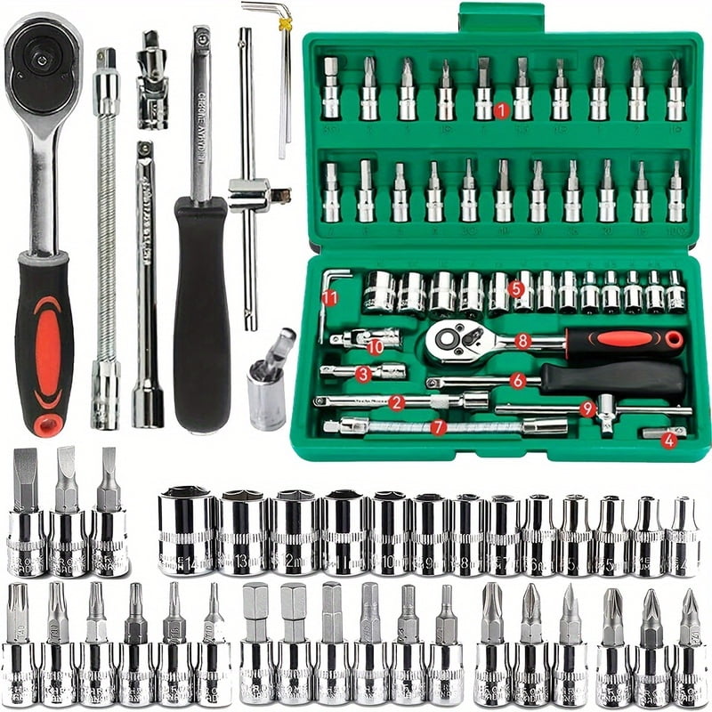 46pc Drive Socket Set 1/4 inch Ratchet Wrench Set with Sockets Metric ...