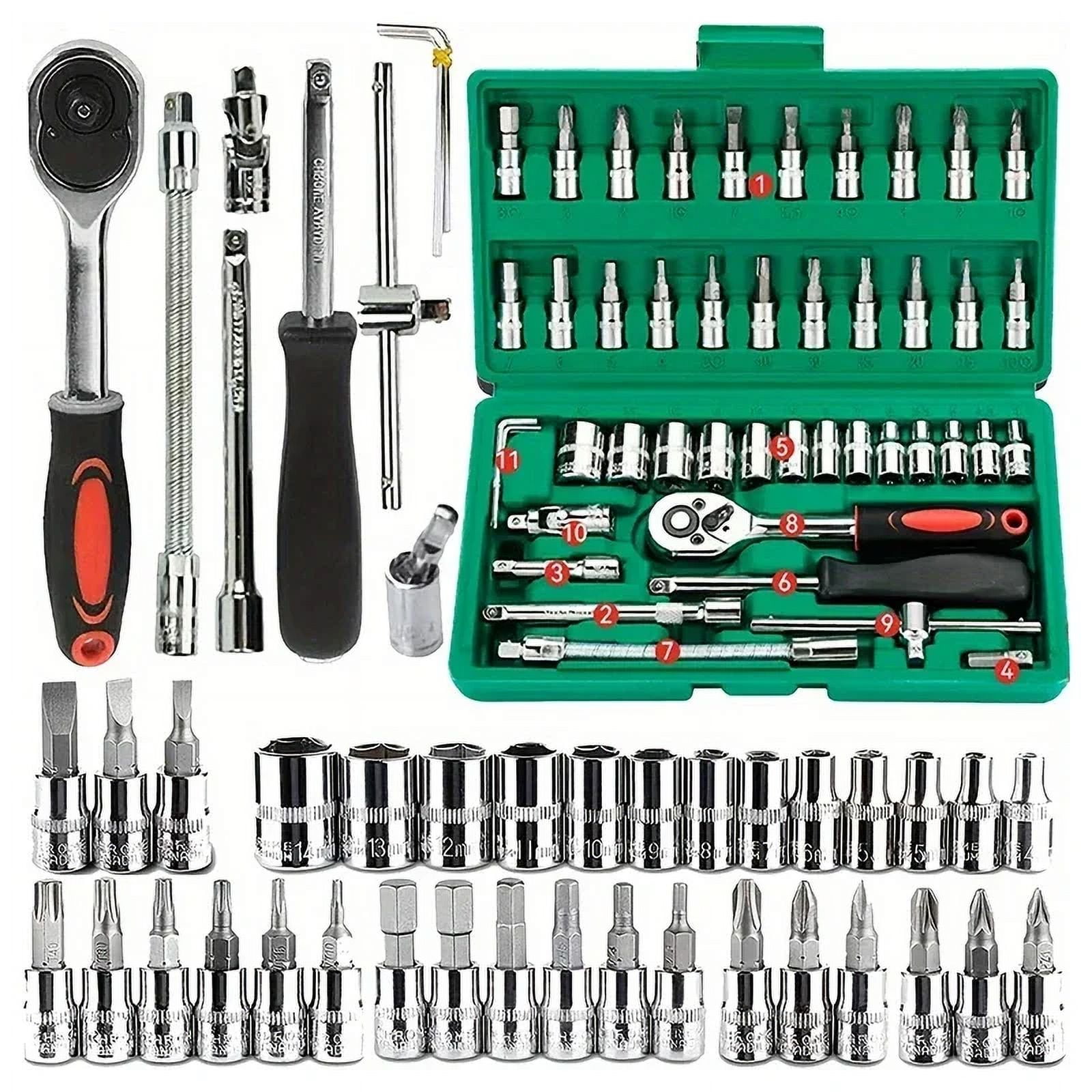46pc Drive Socket Set 1/4 inch Ratchet Wrench Set with Sockets Metric Hex Bit Socket Set ...