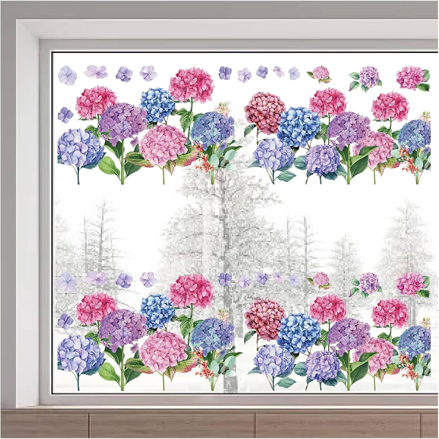 46x15"/116x38cm Hydrangea Floral Window Clings Double Sided Nature ...