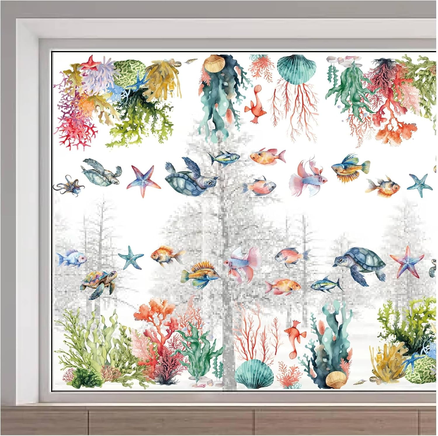 46x15/116x38cm Sea Animals Window Clings Double Sided Ocean Sticker Sea ...