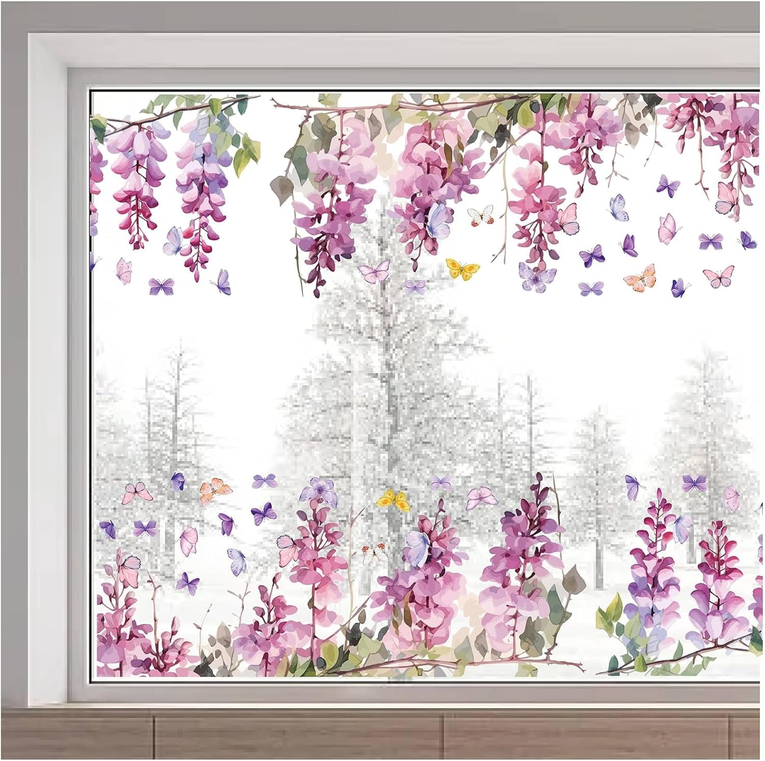 46x15/116x38cm Wisteria Flowers Window Clings Double Sided Floral Glass ...