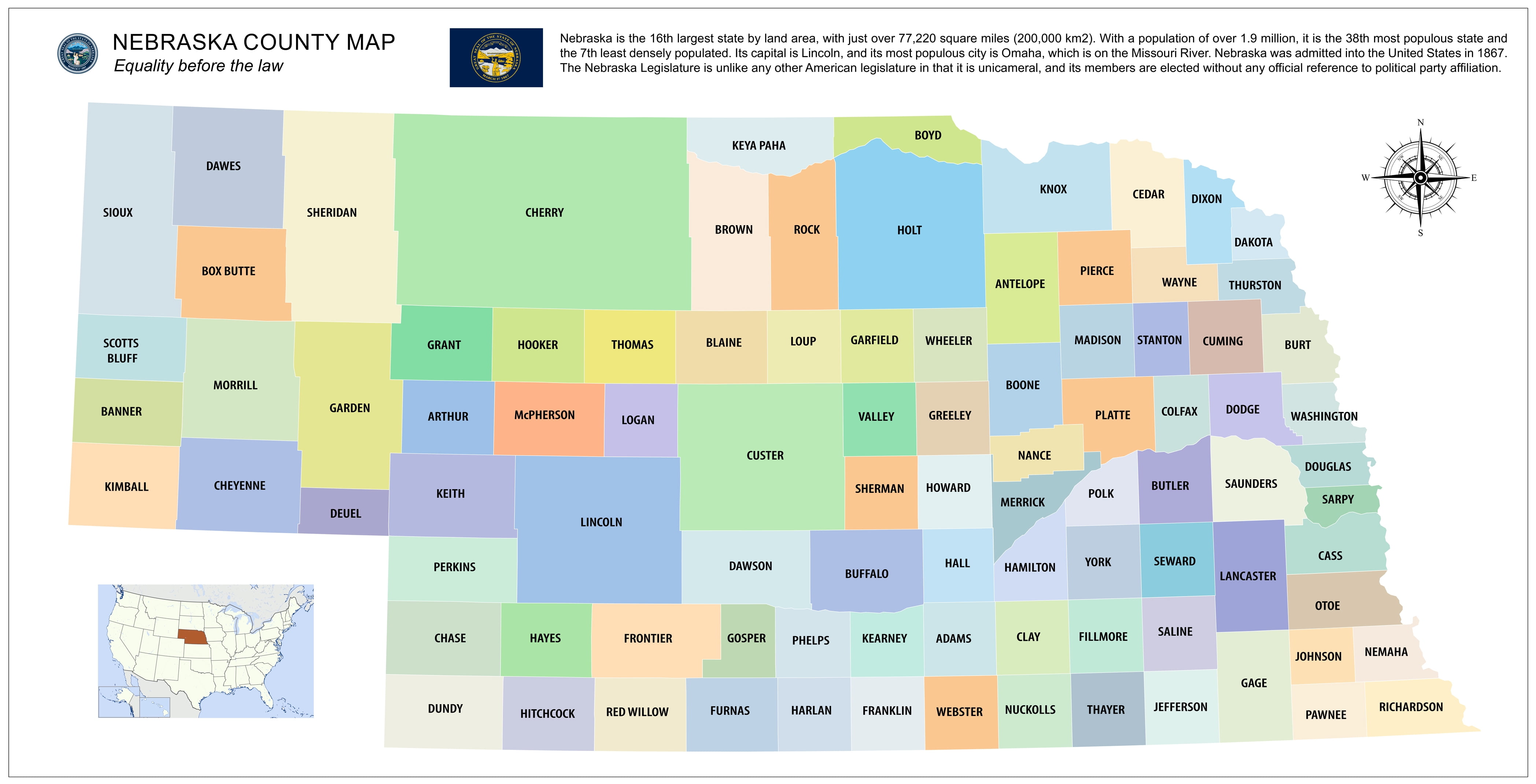 46x24in Vibrant Nebraska County Map Poster: A Colorful Guide to ...