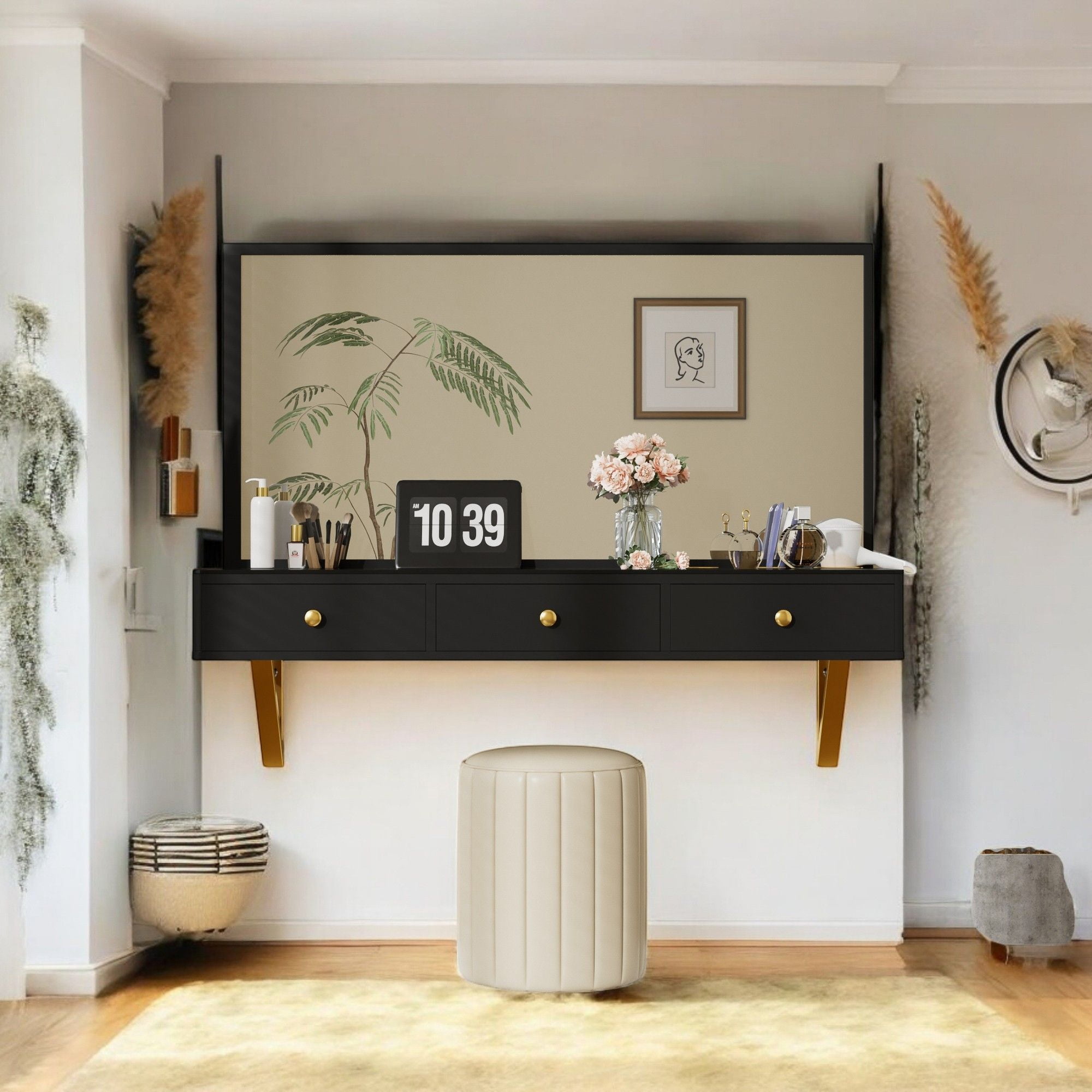 47.00 Inch Wall-Mounted Vanity Table with Ample Storage and Gold ...
