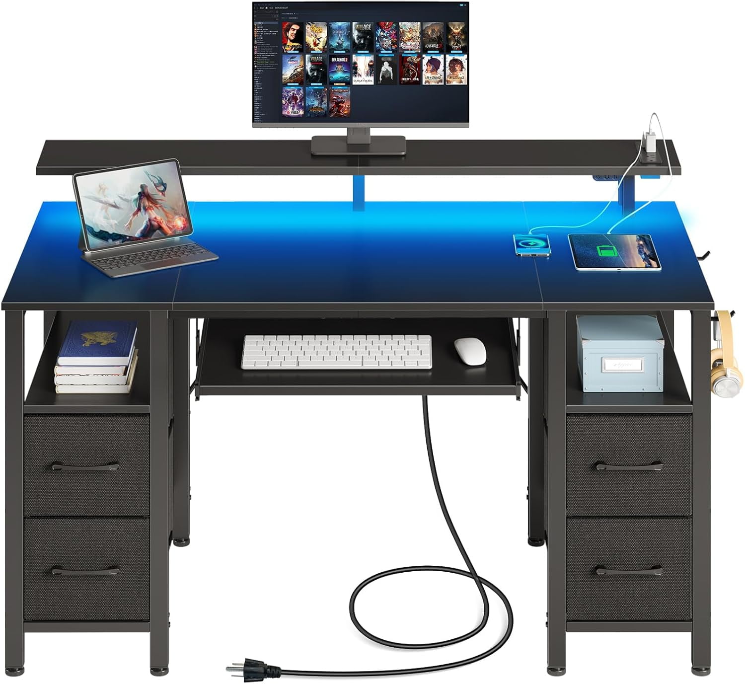 47.2" Black Study Desk: LED Lights, Power Outlets, 4 Drawers – Keyboard ...
