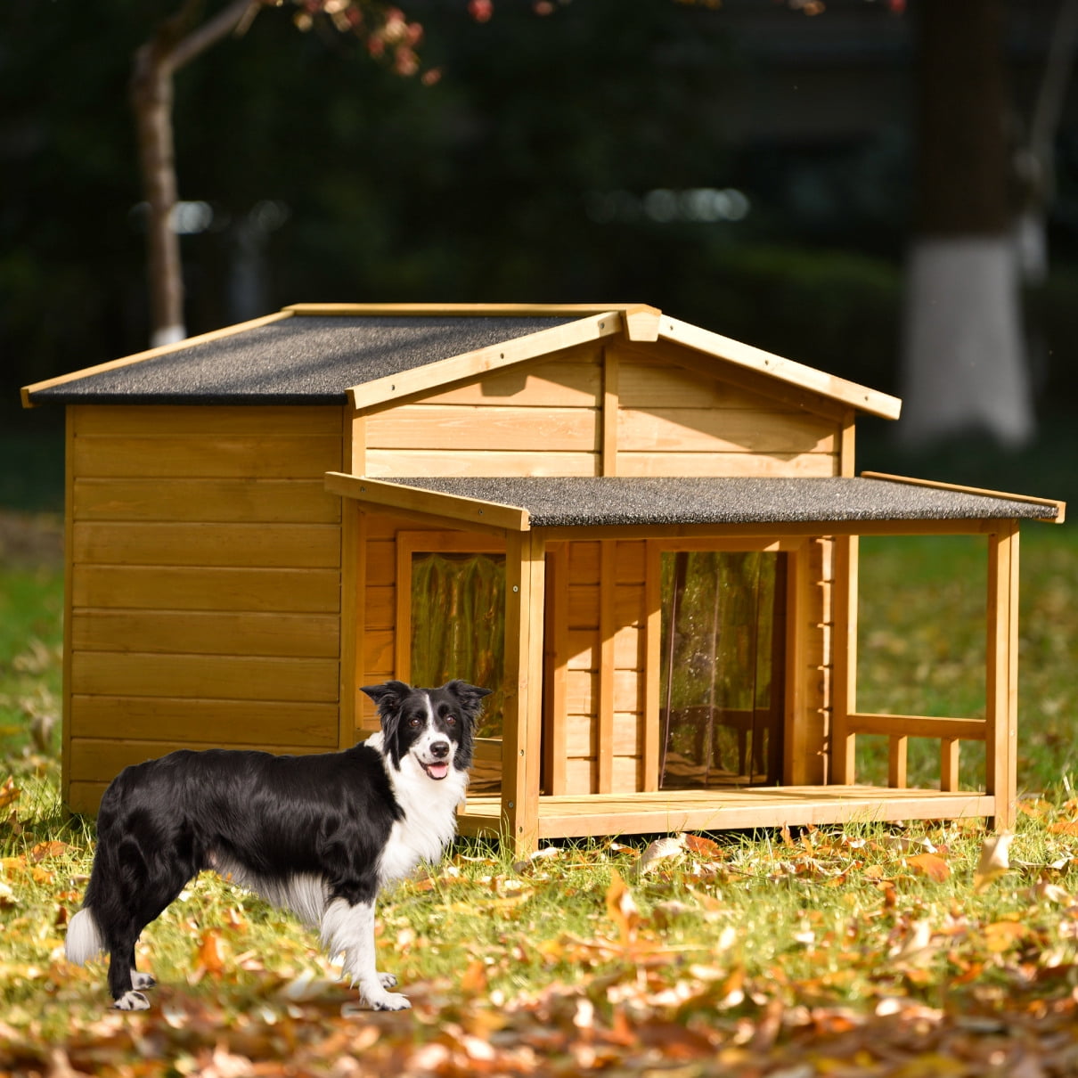 47.2" Cabin Style Dog House, Pine Wood Dog Kennel Outside with Terrace ...