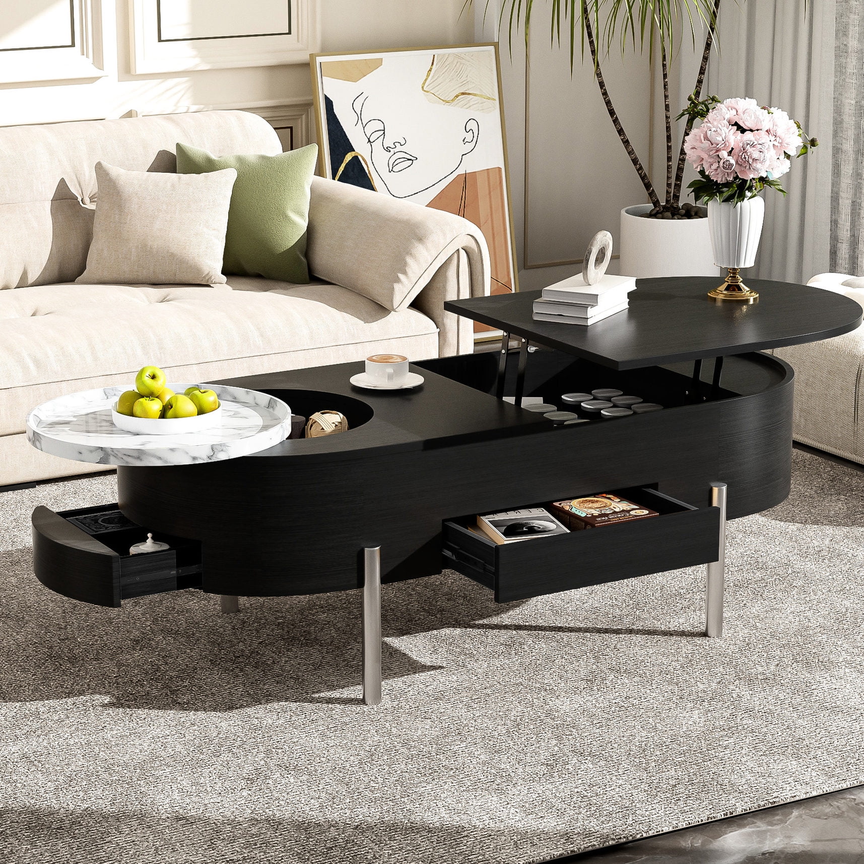 47.2'' Coffee Table with Rotating Tray & 5 Hidden Storage / Enhance ...