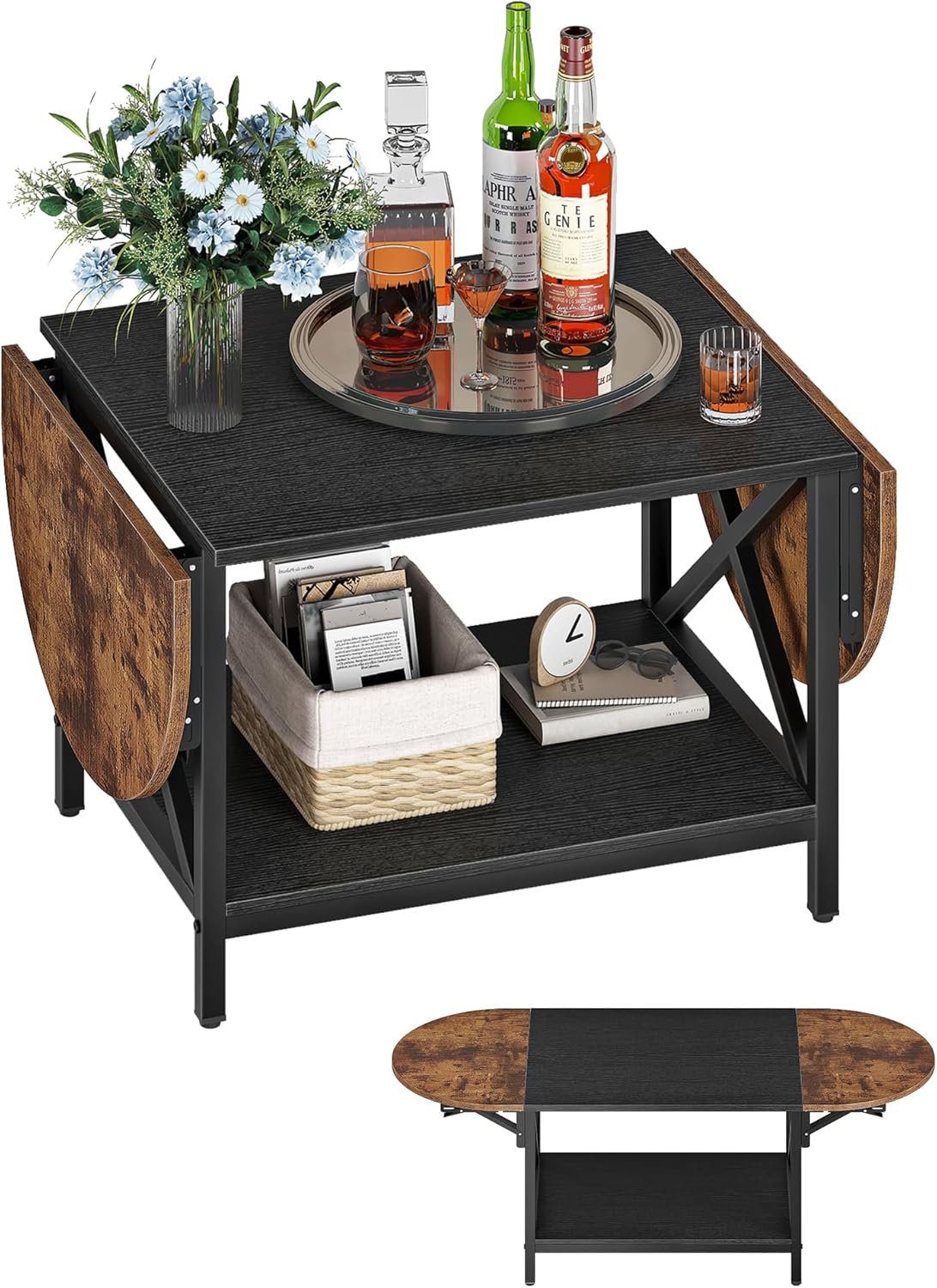 47.2" Folding Coffee Table, 2-Tier Extendable Coffee Table, Vintage ...