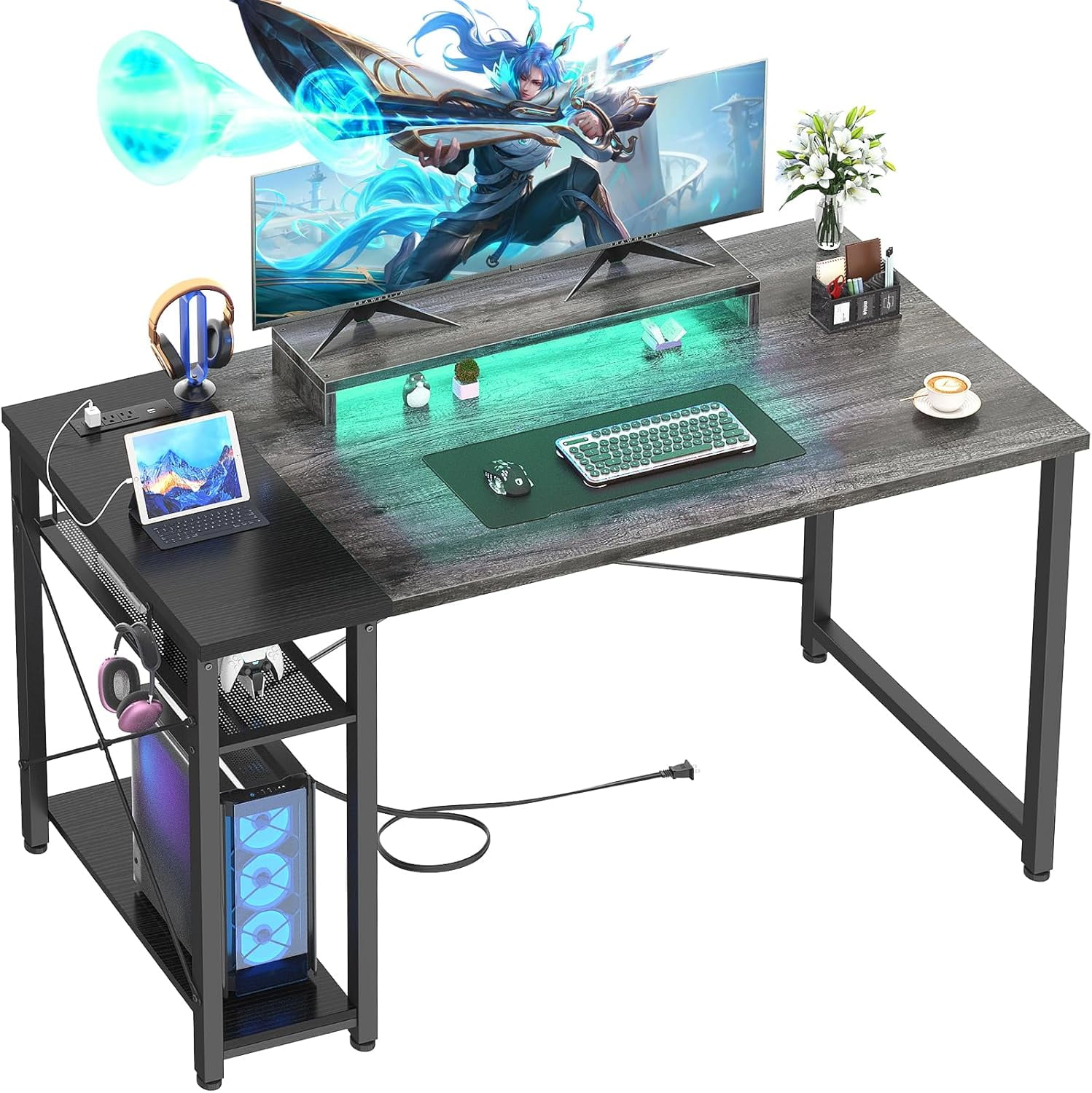 47.2'' Gaming Desk with LED, 47 Computer Desk with Outlets, Small Desk ...