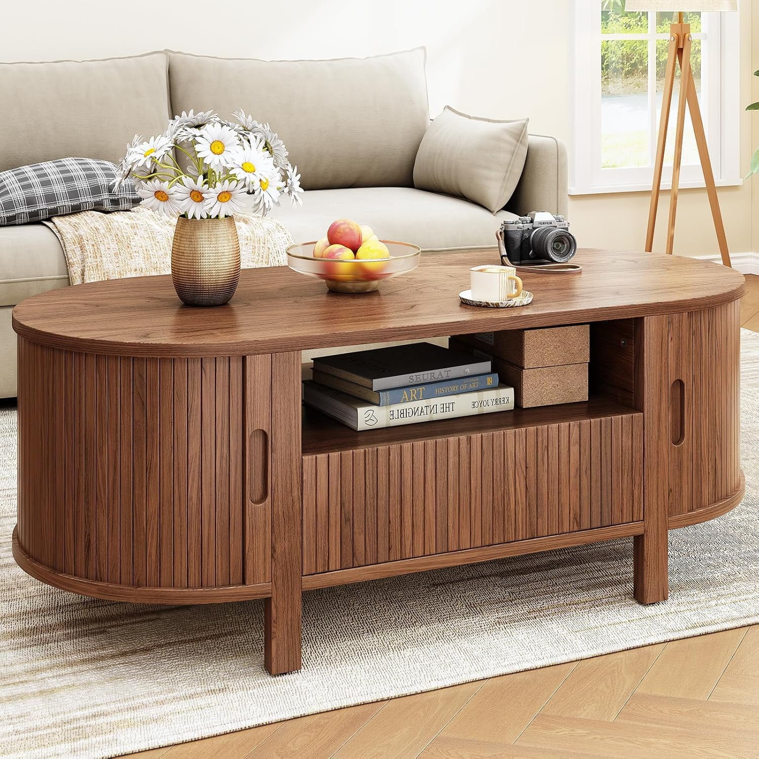 47.2 Inch Oval Coffee Table with Storage, Mid Century Modern Coffee ...