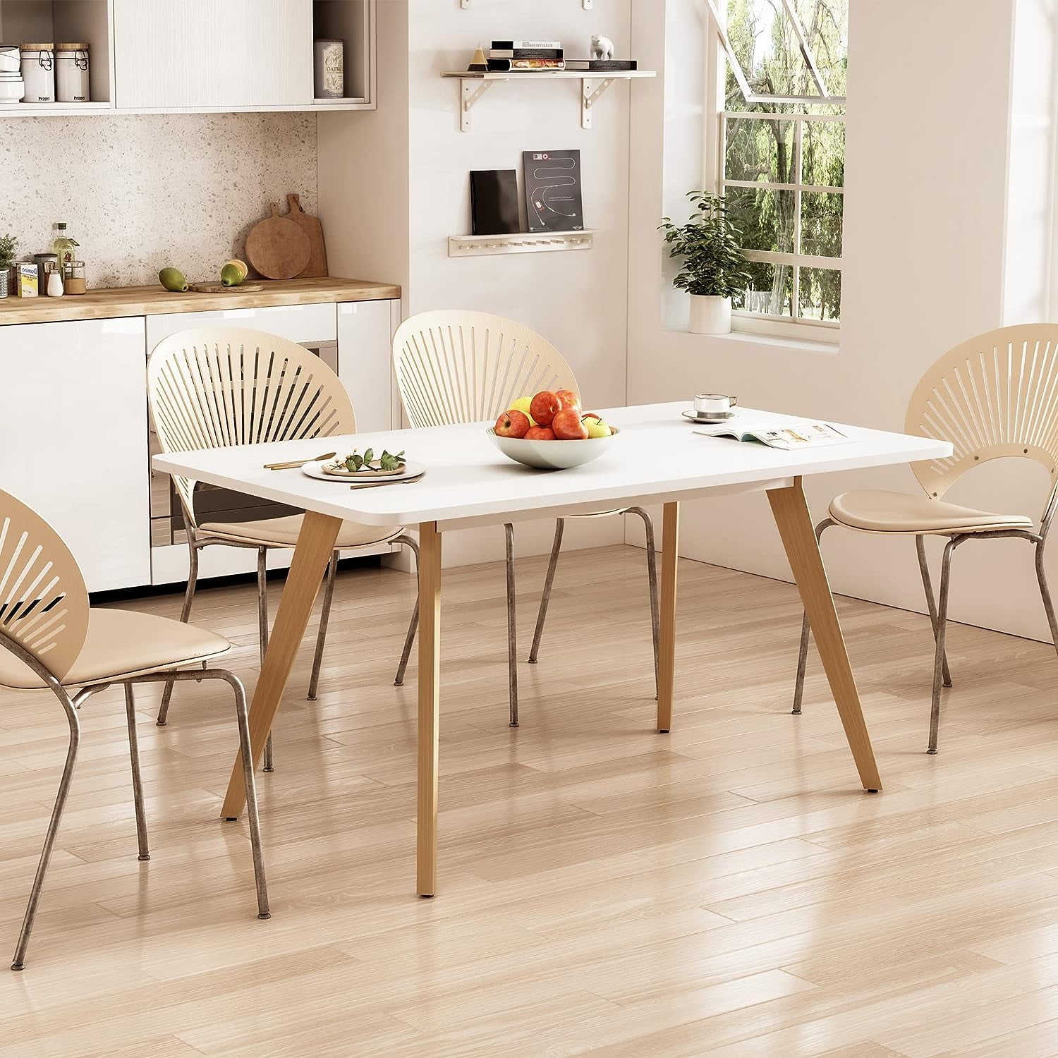 47.2 Inch Rectangular Dining Table for 4-6 People, Solid Wood Legs Mid ...