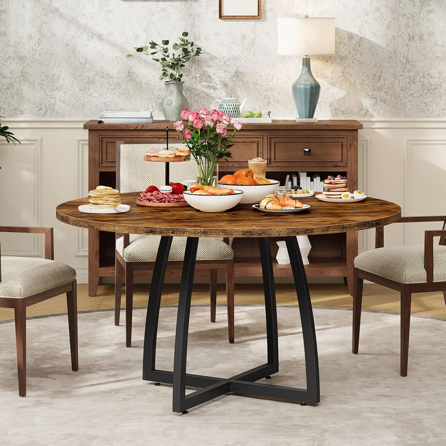 47.2 Inch Round Dining Table for 4-6, Farmhouse Style with Retro ...