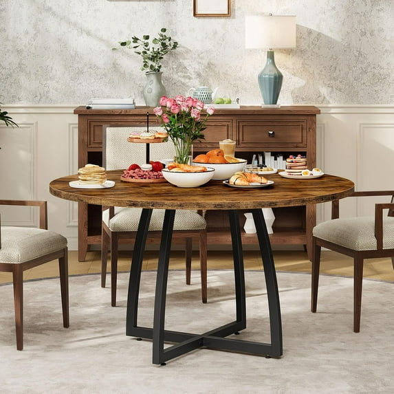 47.2 Inch Round Dining Table for 4-6, Farmhouse Style with Retro ...