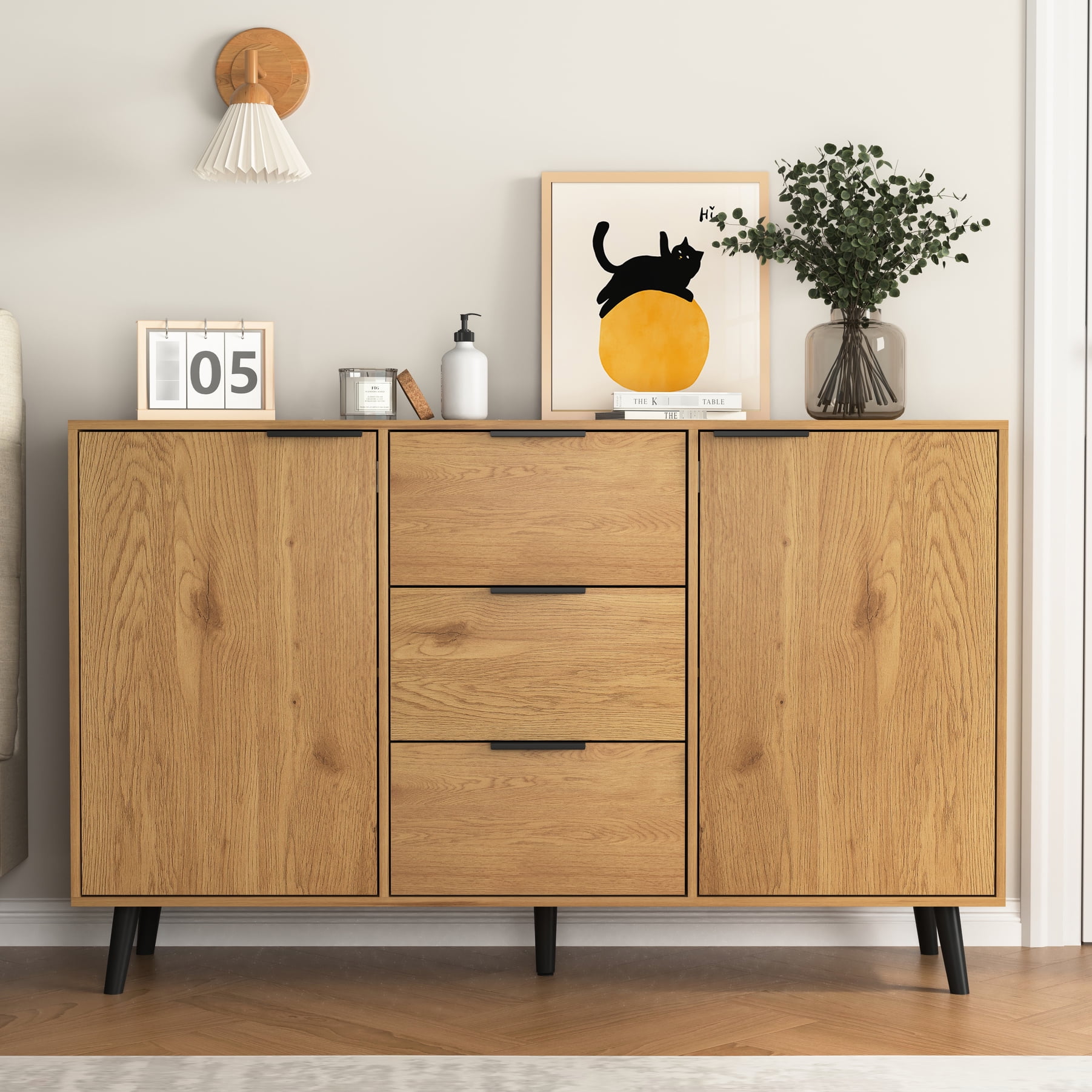 47.2" Kitchen Storage Cabinet, 3 Drawers & 2 Doors, Natural Wood Finish ...