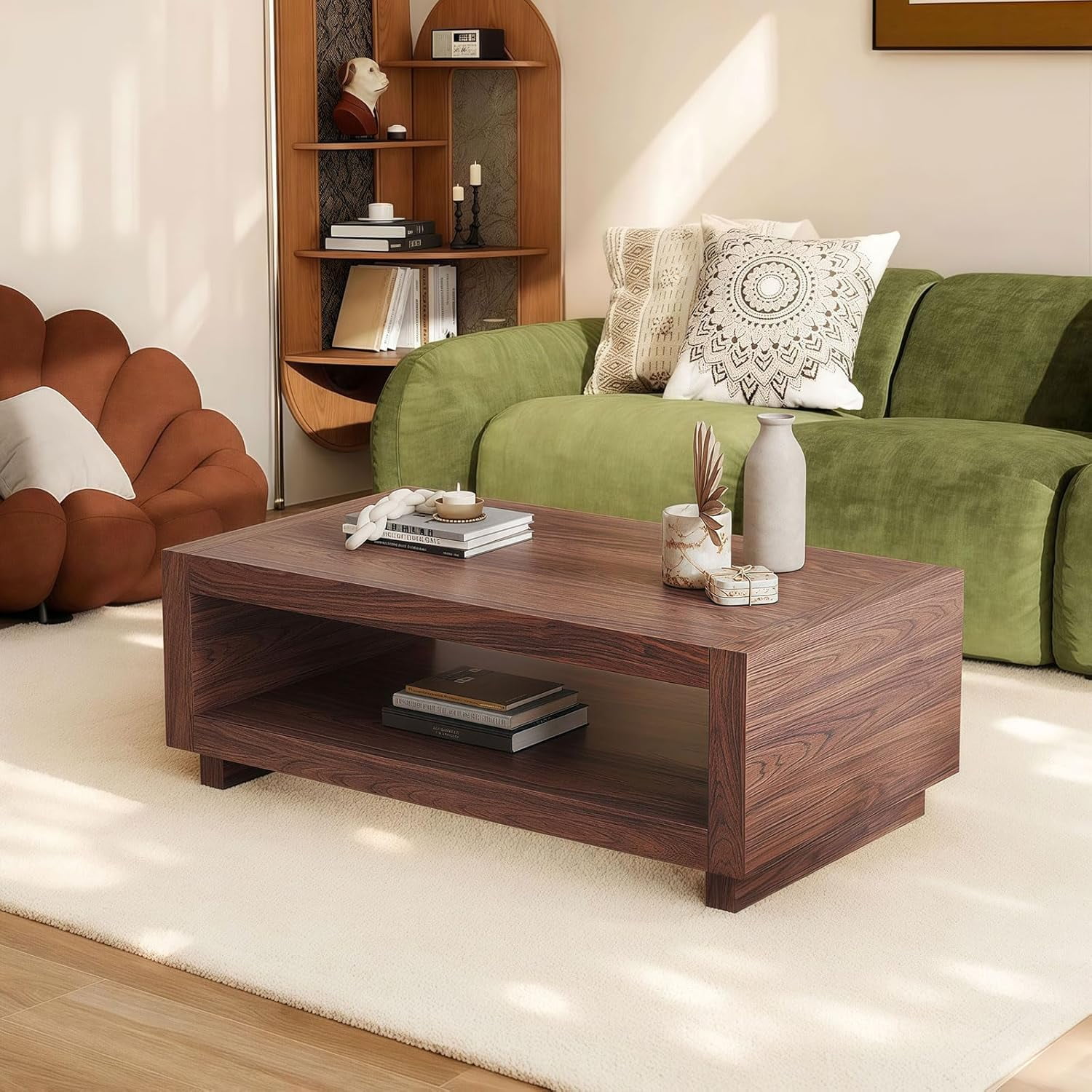 47.2" Large Coffee Table, 2-Tier Rectangular Coffee Table with Storage ...