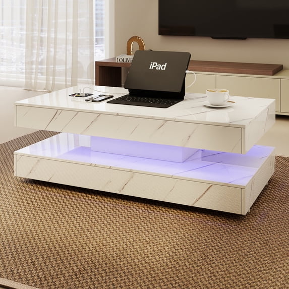 47.2" Large High-Glossy Smart Coffee Table with 2 Sliding Drawers ...