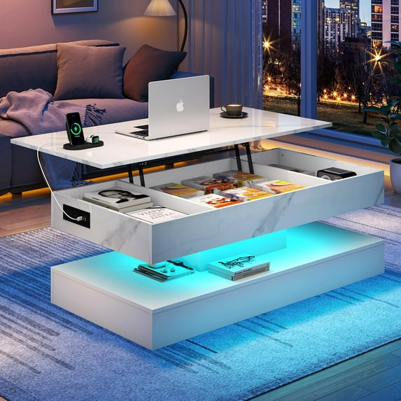 47.2" Large Lift Top Coffee Table with Charging Station, LED Modern ...