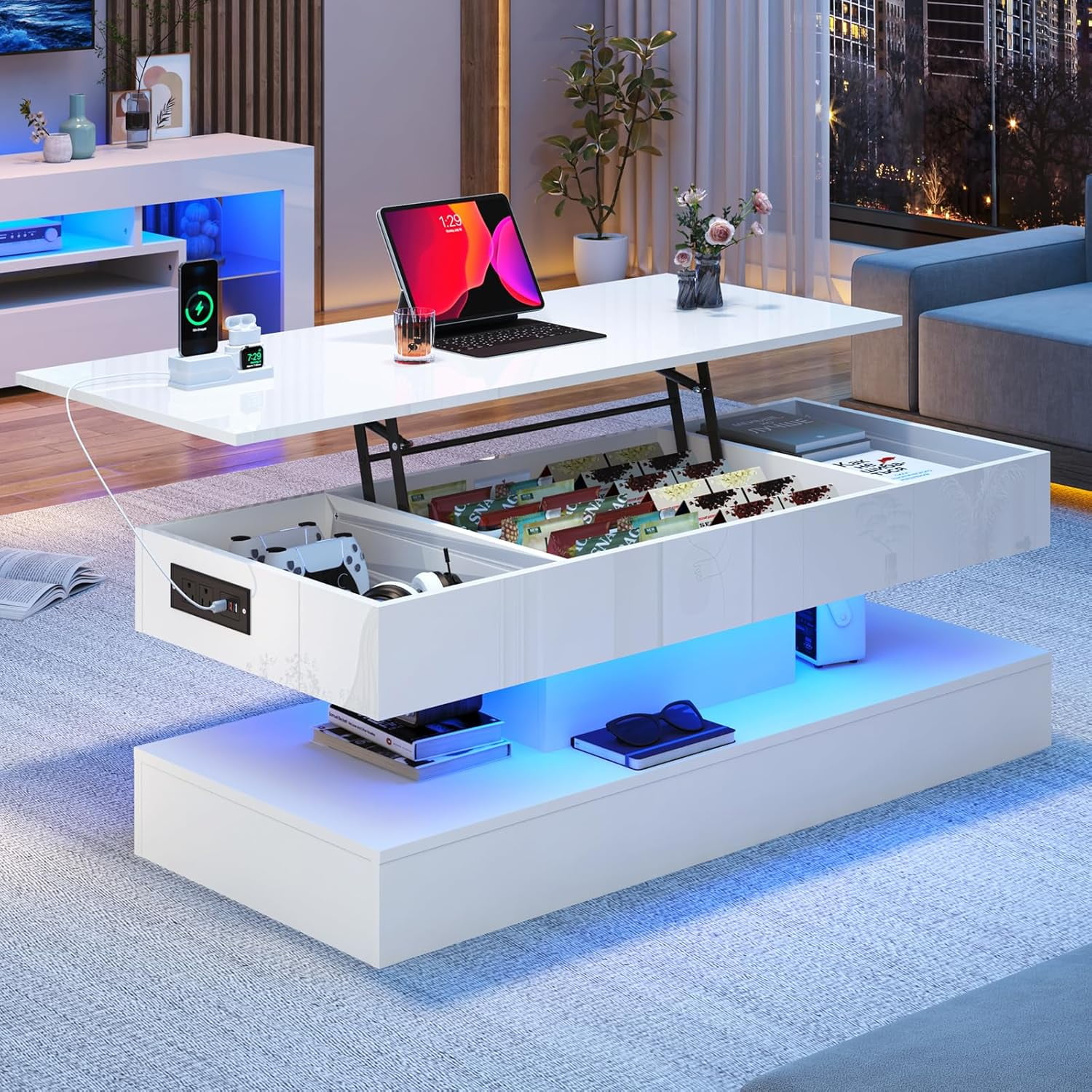 47.2" Large Lift Top Coffee Table,Modern High Glossy LED Coffee Tables ...