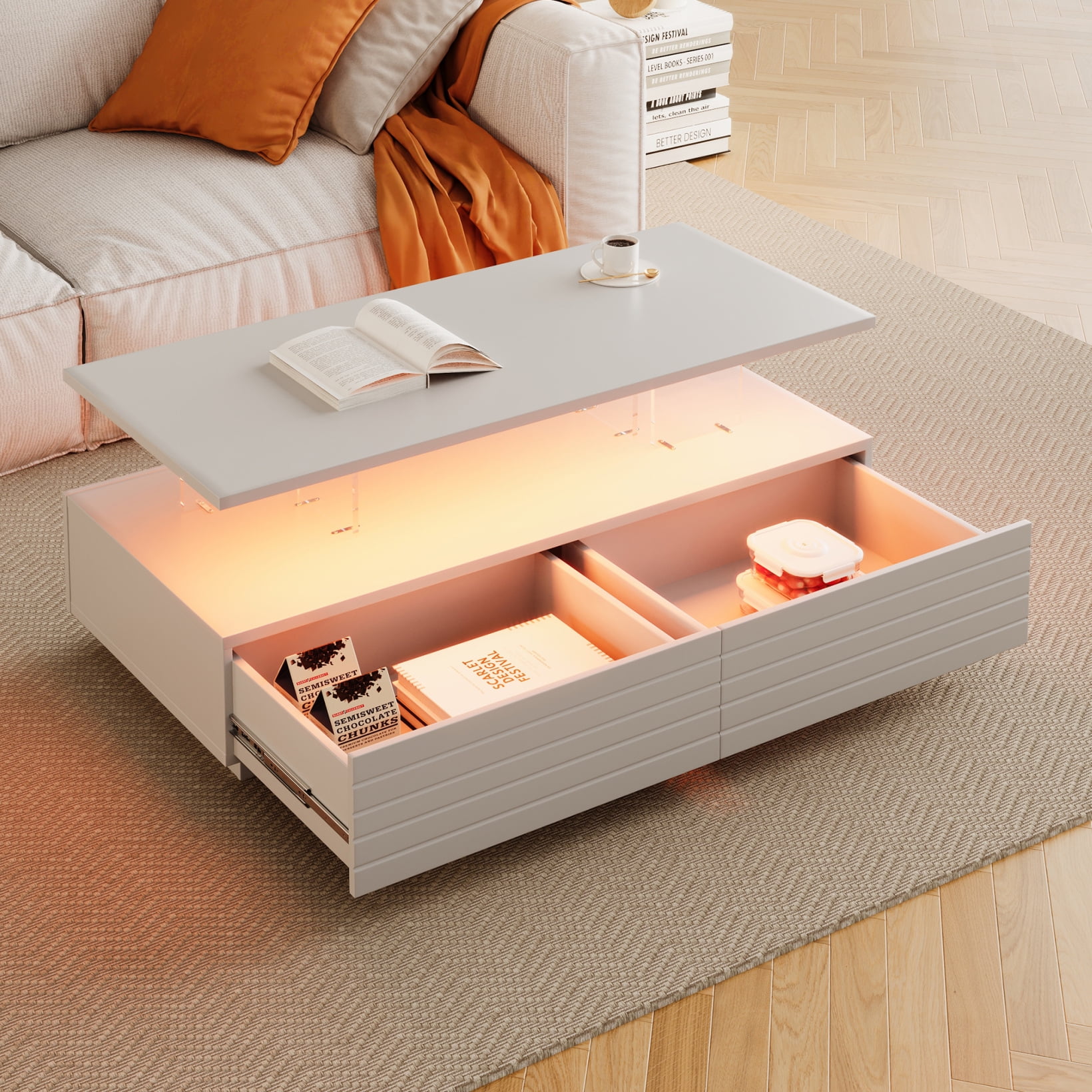 47.2" Large Lift Top Coffee Table, Modern High Glossy LED Coffee Tables ...