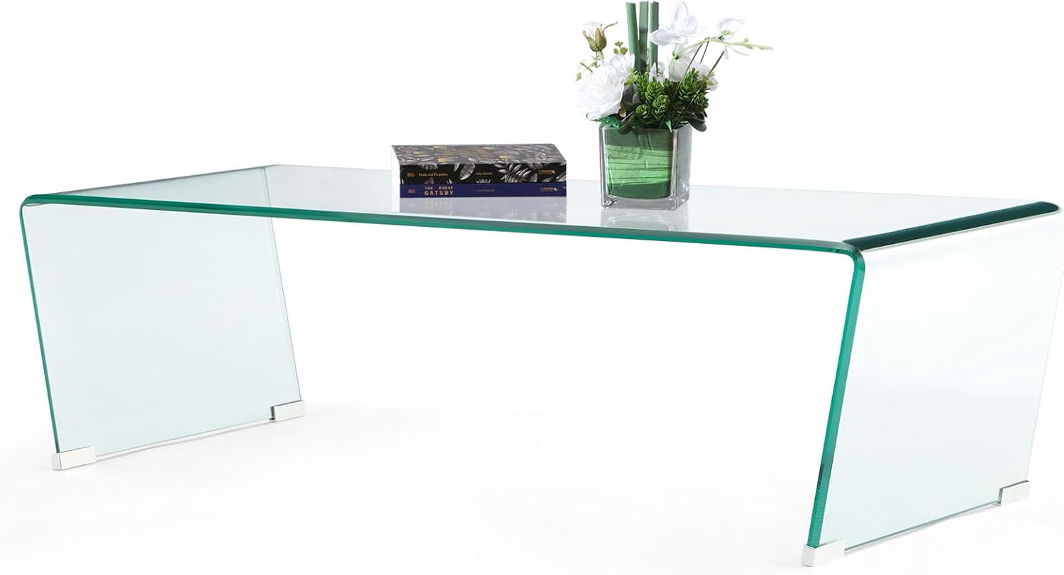 47.2" Large Tempered Glass Coffee Table with V-Shape Design, Clear ...