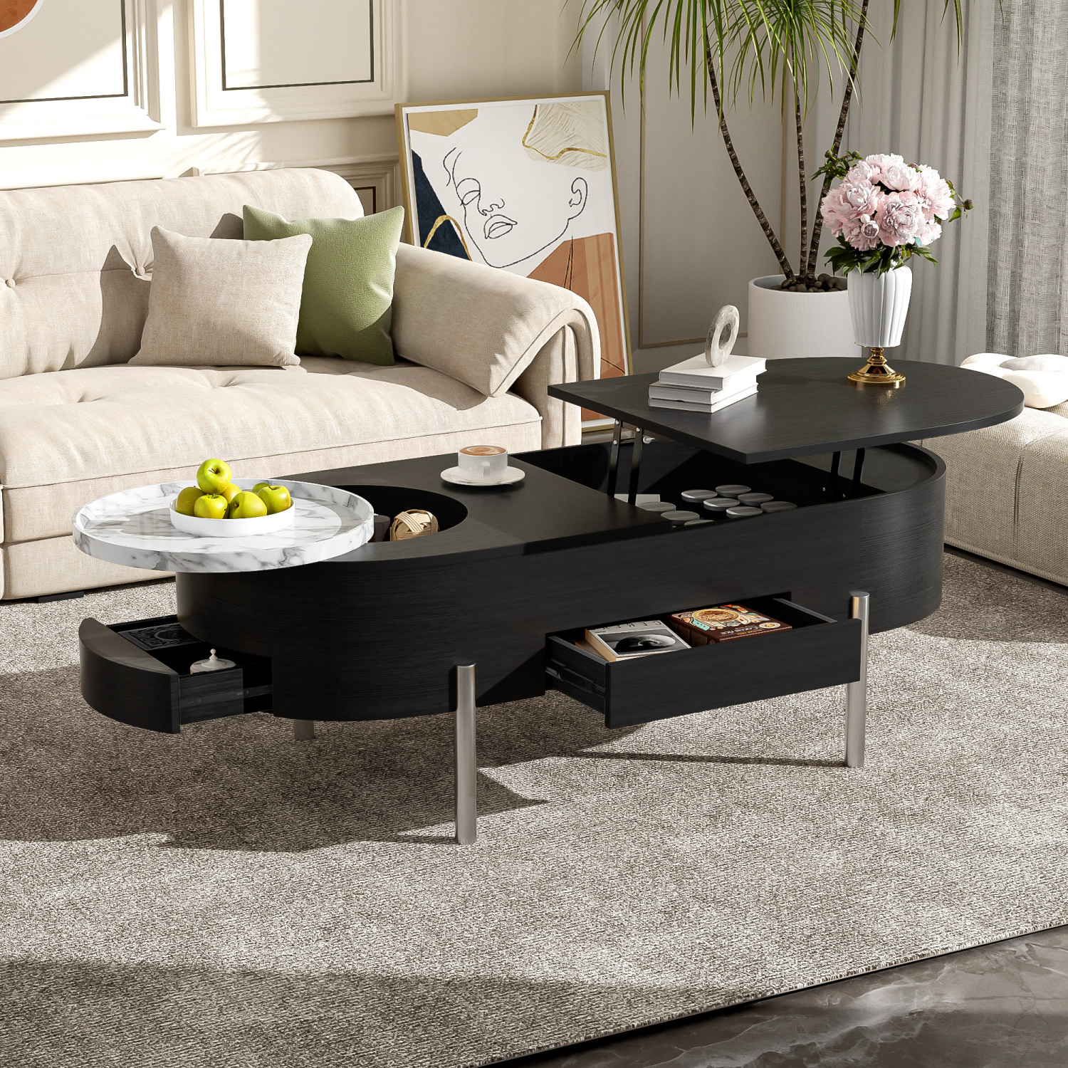 47.2"Lift Top Coffee Table with 360-degree Marble-patterned rotating ...