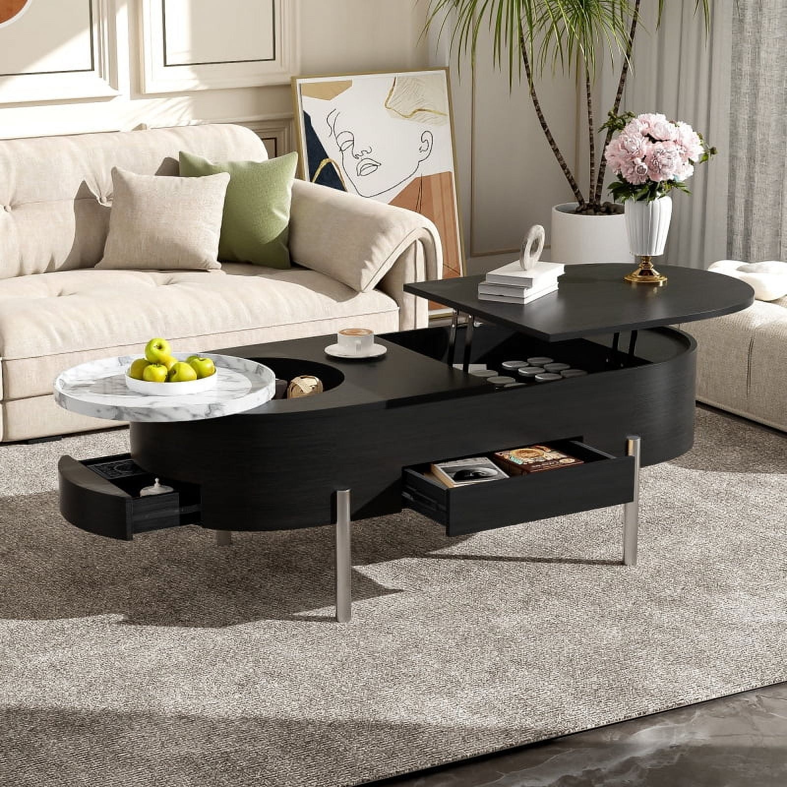 47.2''Lift Top Coffee Table with 360-degree Marble-patterned rotating ...