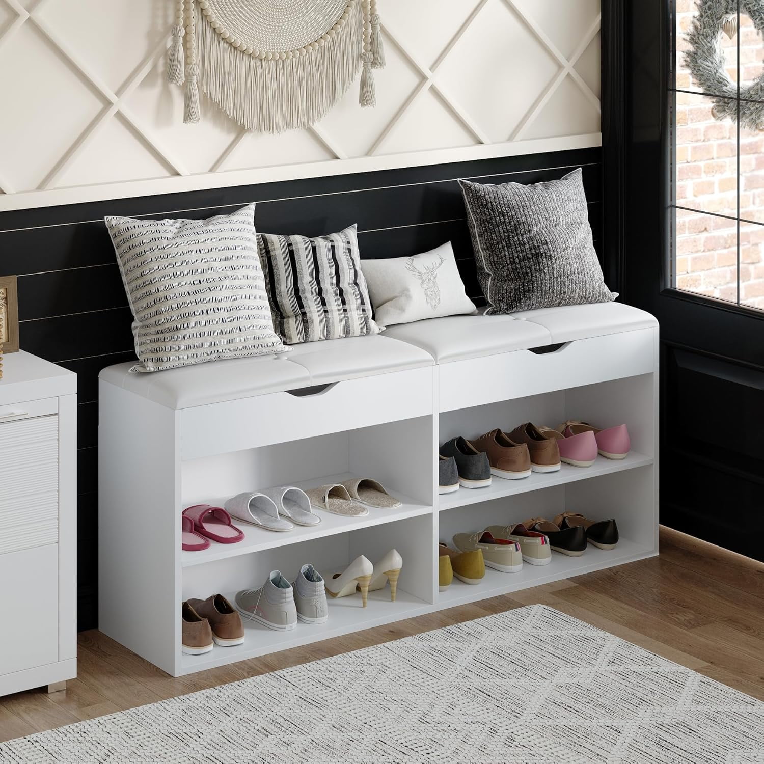 47.2" Long Shoe Storage Bench with Lift Top & Cushioned Seat, 2-Tier ...