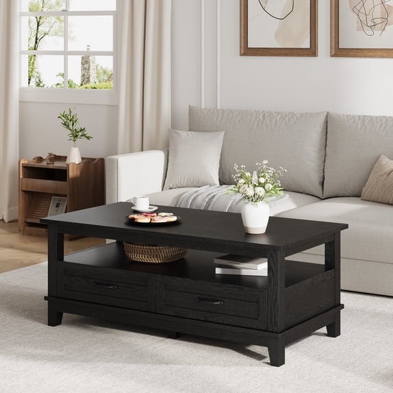 47.2" Modern Farmhouse Coffee Table – Wood Storage with Drawers & Open ...