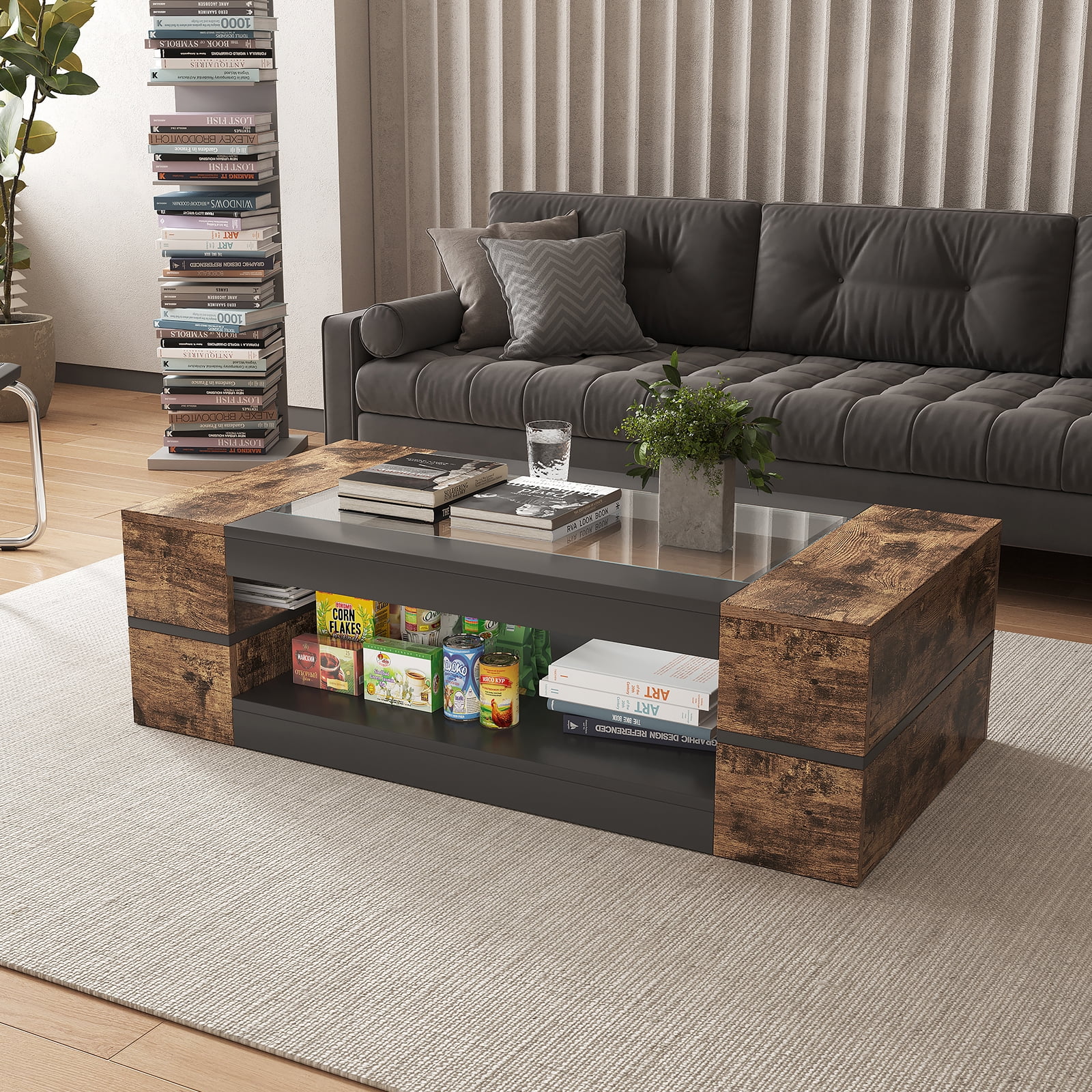 47.2" Modern Rustic Coffee Table with Glass Top - 2-Tier Storage Design ...