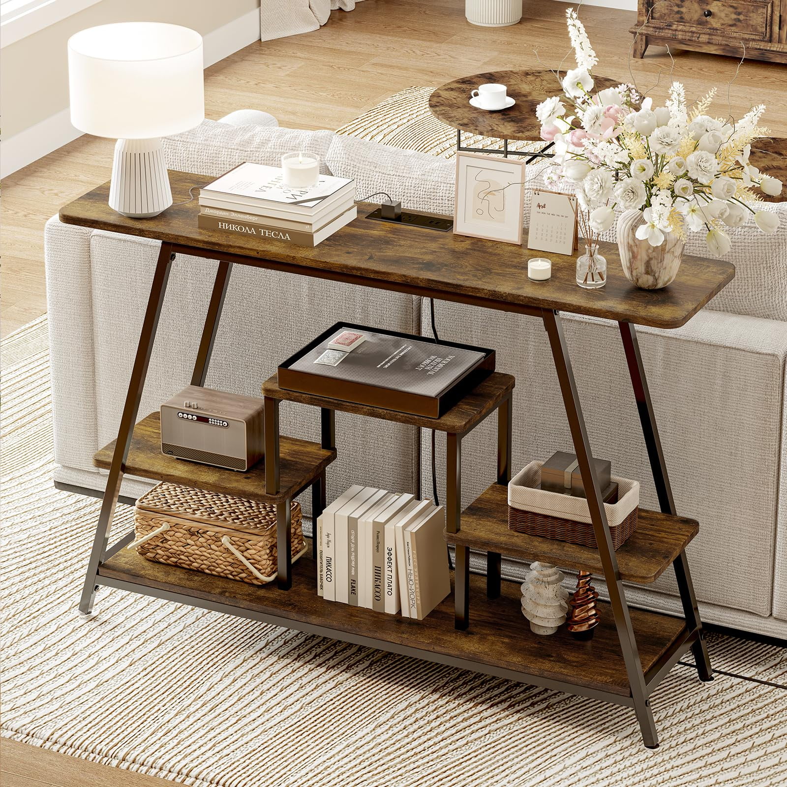 47.2" Narrow Entryway Table with Power Outlets, Industrial 4-Tier Console Table with Storage ...