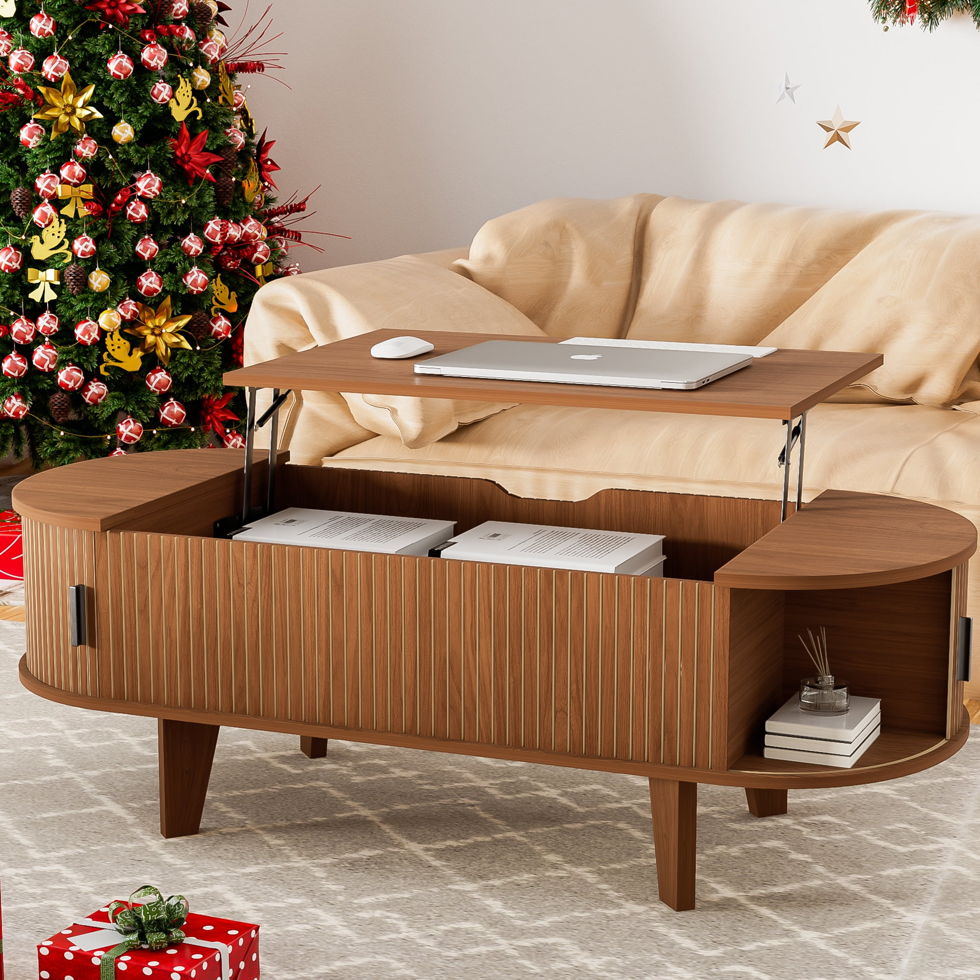 47.2" Oval Lift-Top Coffee Table with Storage, Fluted Tambour Door ...