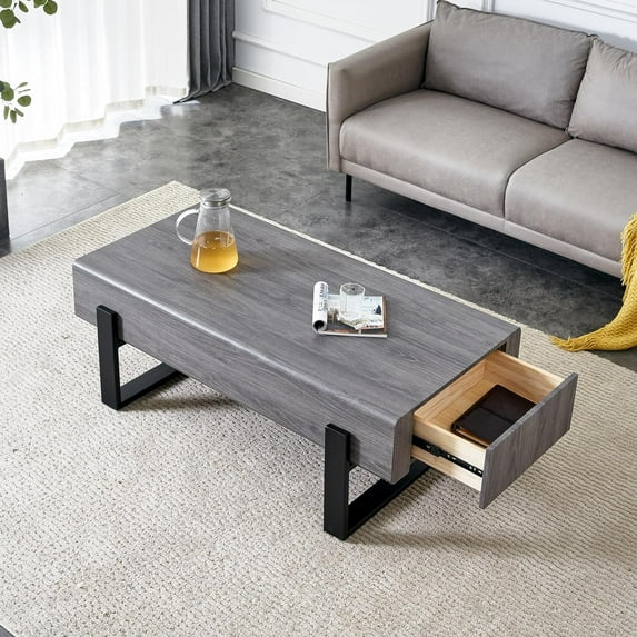 47.2'' Rectangular Modern Grey Coffee Table with Storage Black Legs for ...