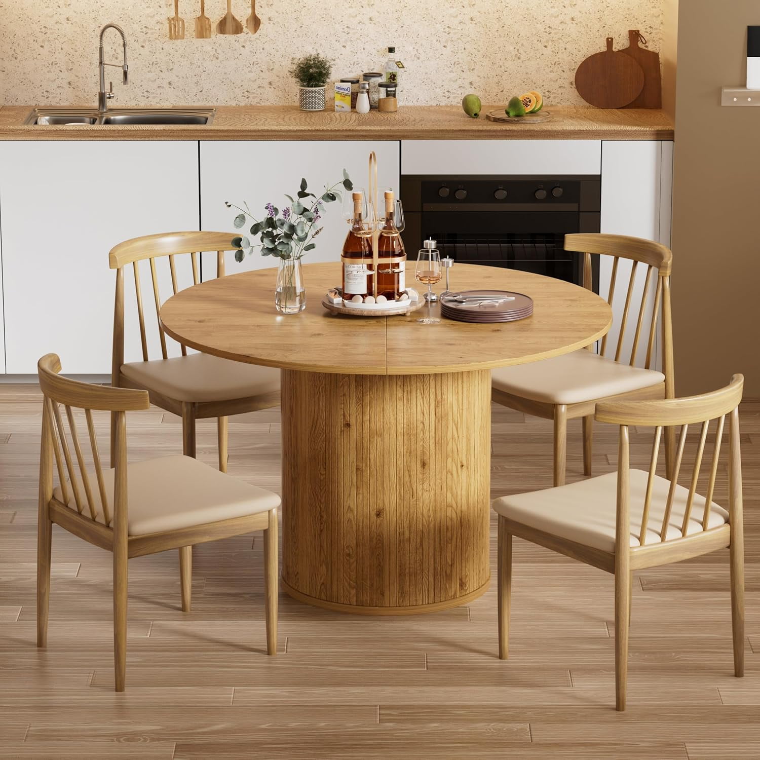47.2'' Round Dining Room Table for 4 People,Farmhouse Table with Two ...