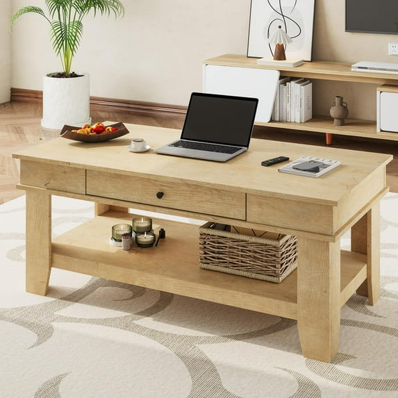 47.2" Rustic Coffee Table with Drawer & Storage Shelf – Sturdy Center ...