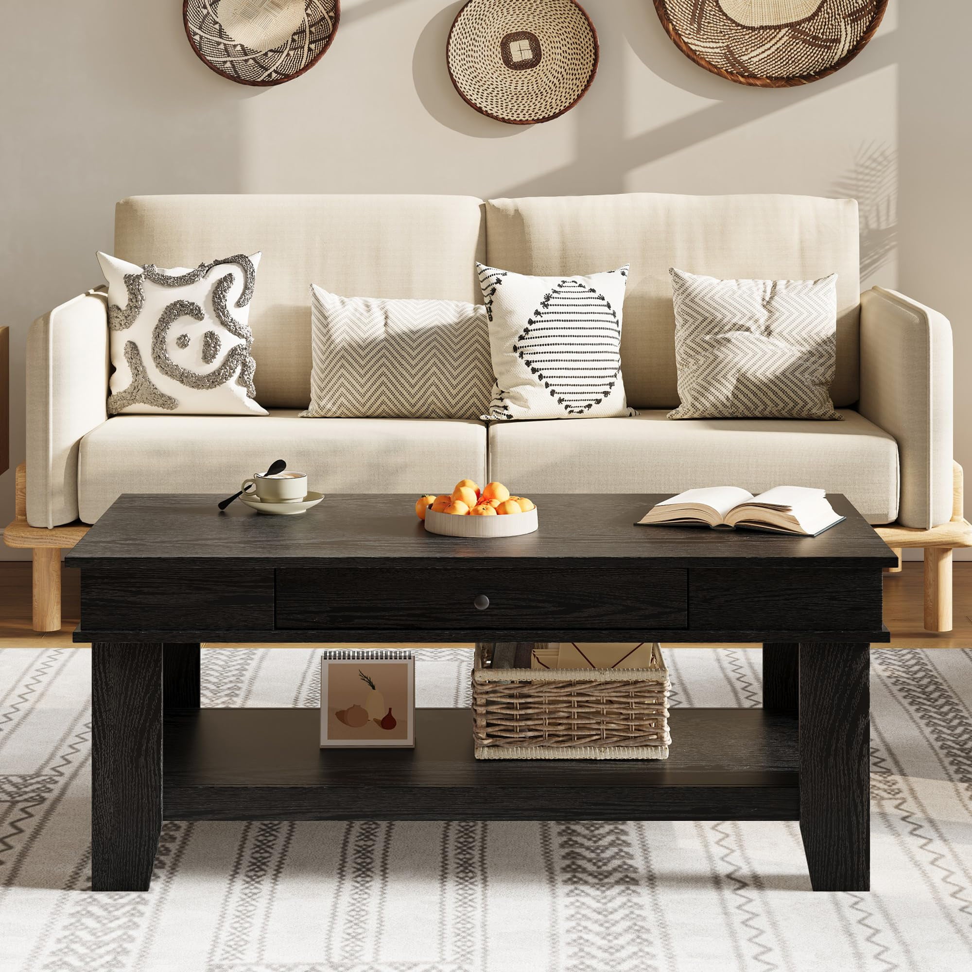 47.2" Rustic Farmhouse Coffee Table,Large Center Table with Drawer ...