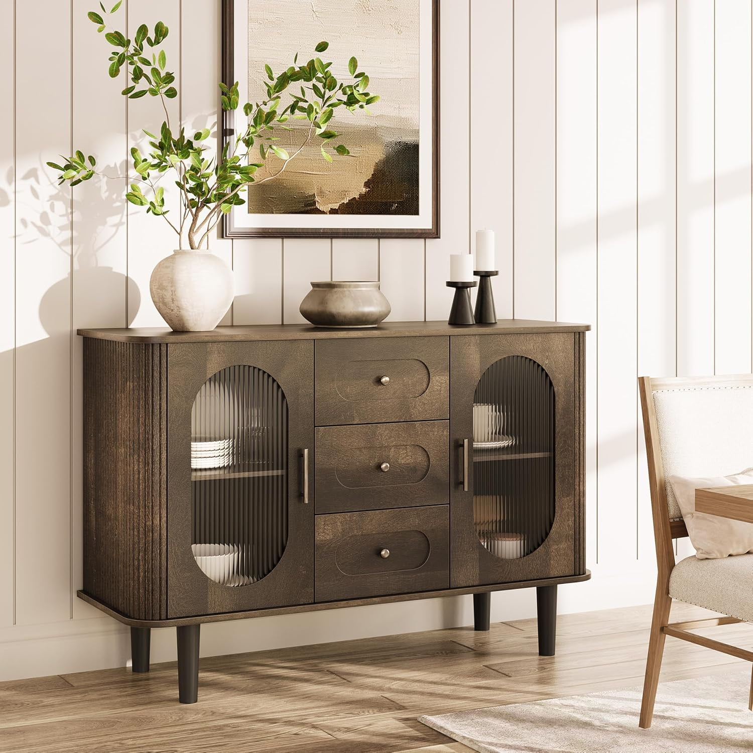 47.2" Sideboard Buffet Cabinet with 2 Fluted Glass Doors & 3 Drawers ...