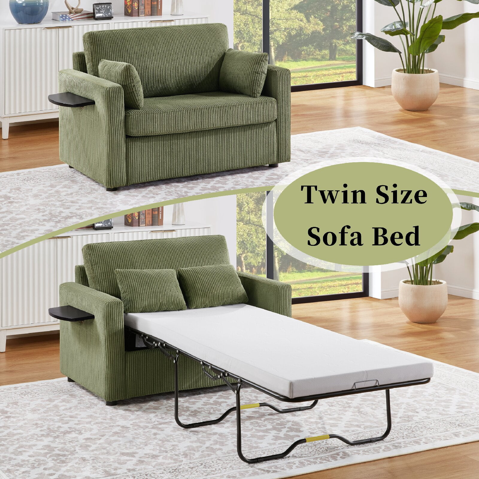 47.2" Twin Size Sofa Bed with a Foldable Mattress and Charging Station ...