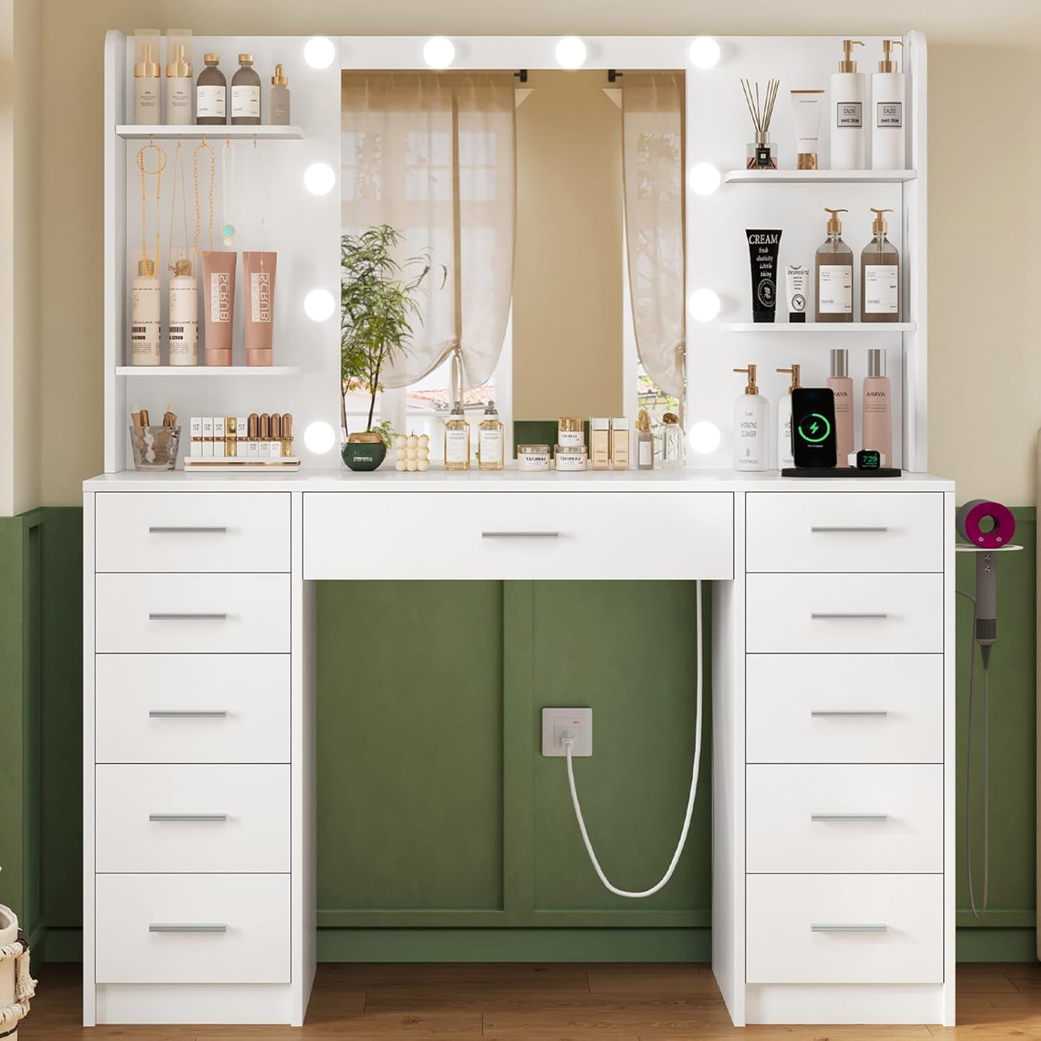 47.2" Vanity Desk with Mirror and Lights, 3 Lighting Modes Brightness ...