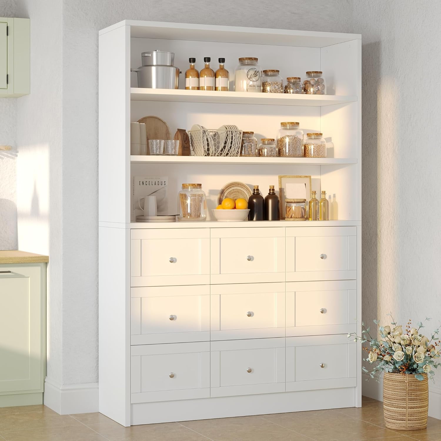 47.2" W Home Office Storage Cabinet, 3-Tier Bookshelf Wall Cabinet ...